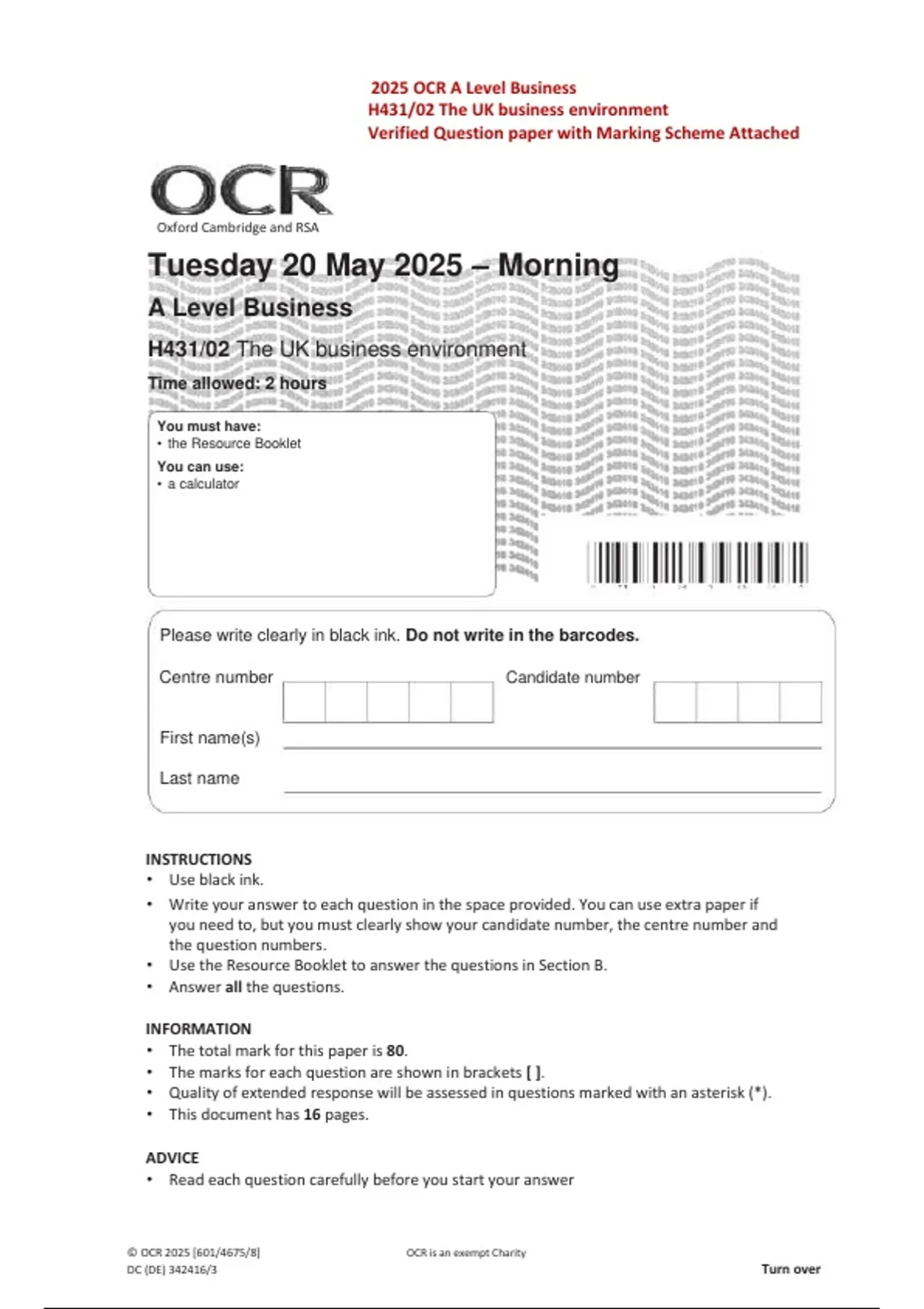 2025 OCR A Level Business H431/02 The UK business environment Verified ...