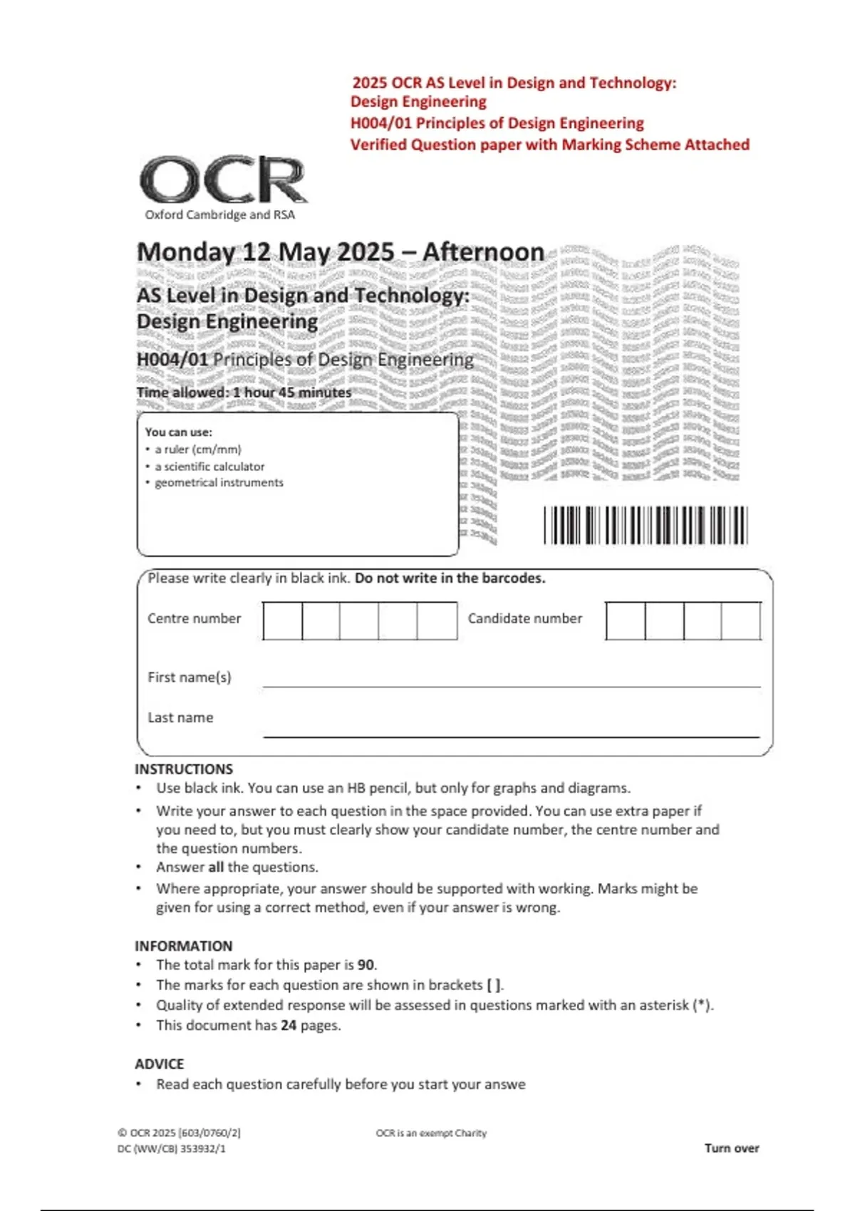 2025 OCR AS Level in Design and Technology: Design Engineering H004/01 ...