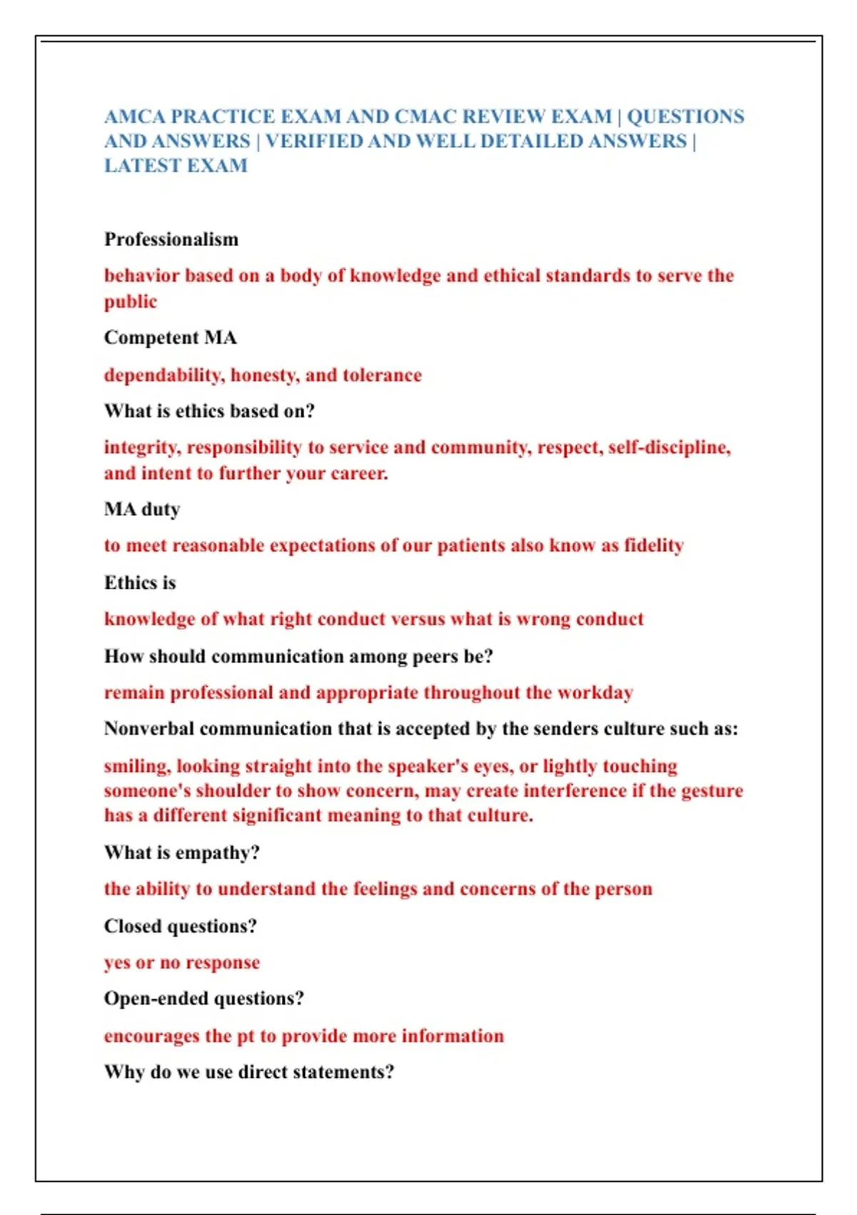 AMCA PRACTICE EXAM AND CMAC REVIEW EXAM | QUESTIONS AND ANSWERS ...