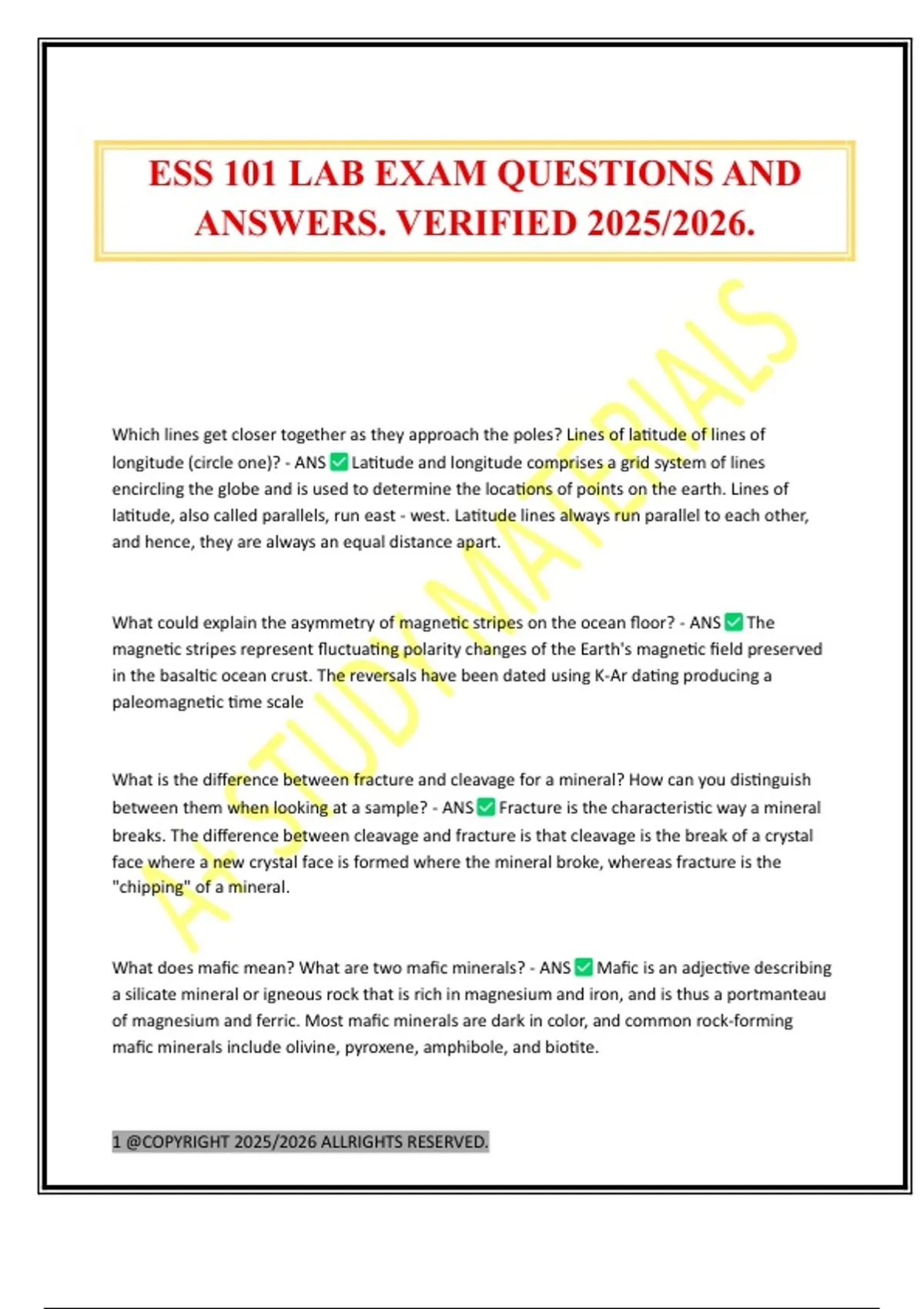 ESS 101 LAB EXAM QUESTIONS AND ANSWERS. VERIFIED 2025/2026. - ESS 101 ...