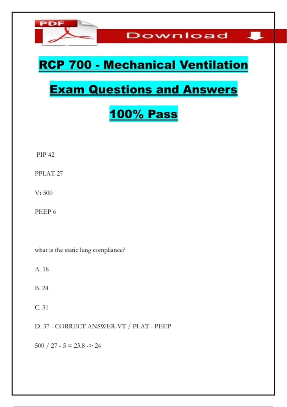 RCP 700 - Mechanical Ventilation Exam Questions and Answers 100% Pass ...