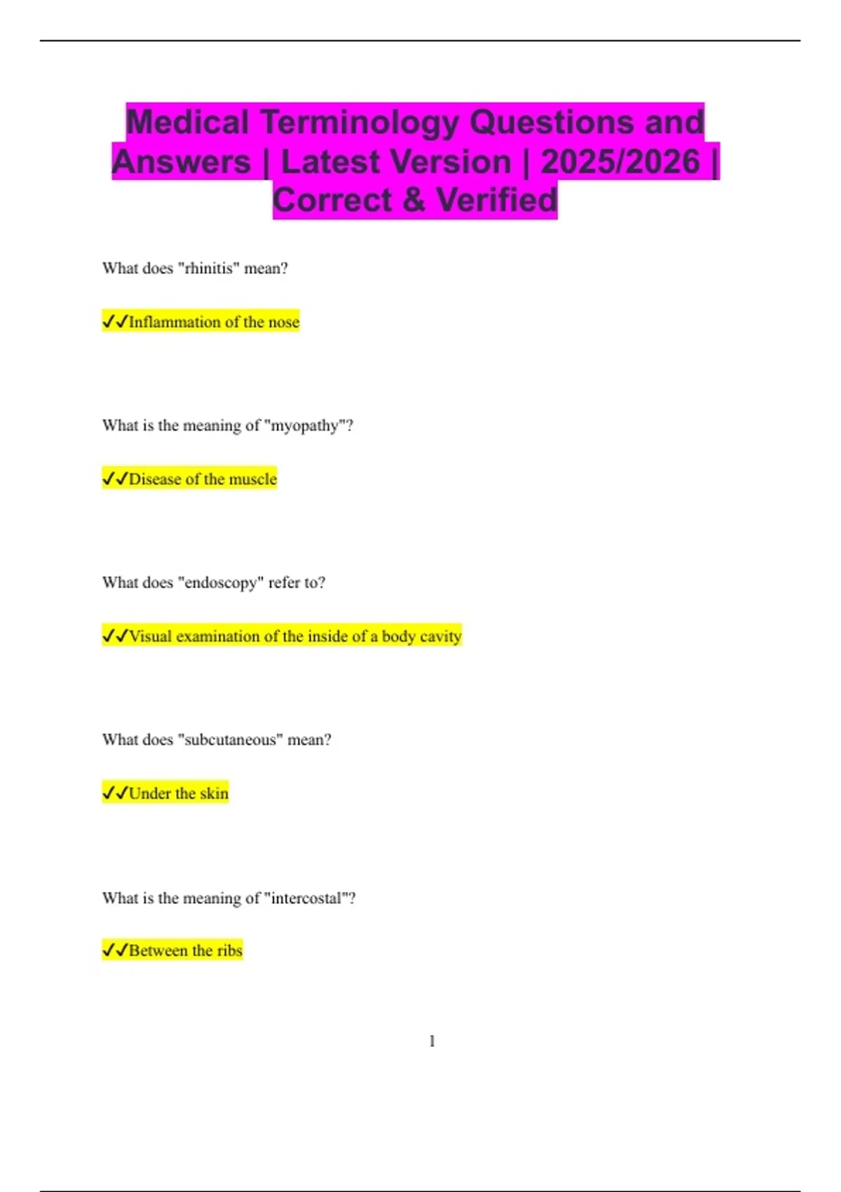 Medical Terminology Questions and Answers | Latest Version | 2025/2026 ...