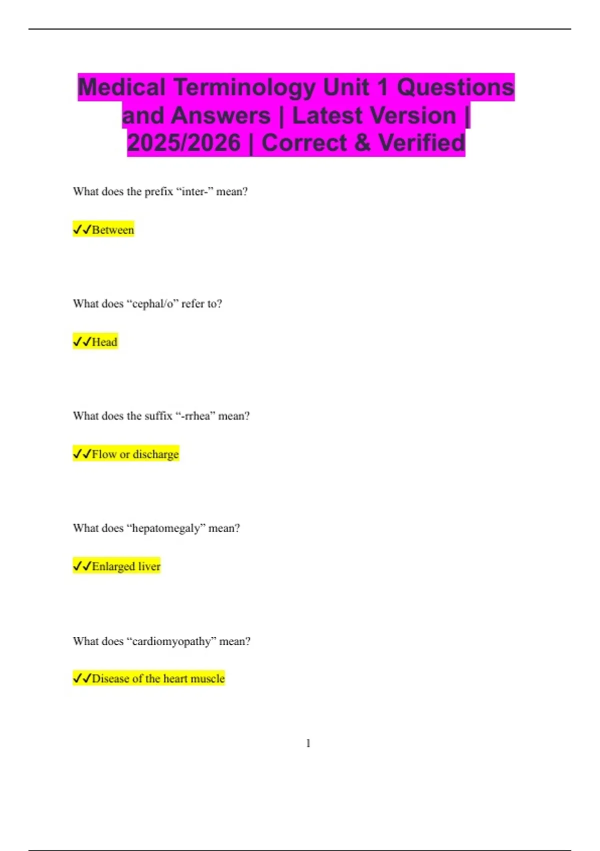 Medical Terminology Unit 1 Questions and Answers | Latest Version ...