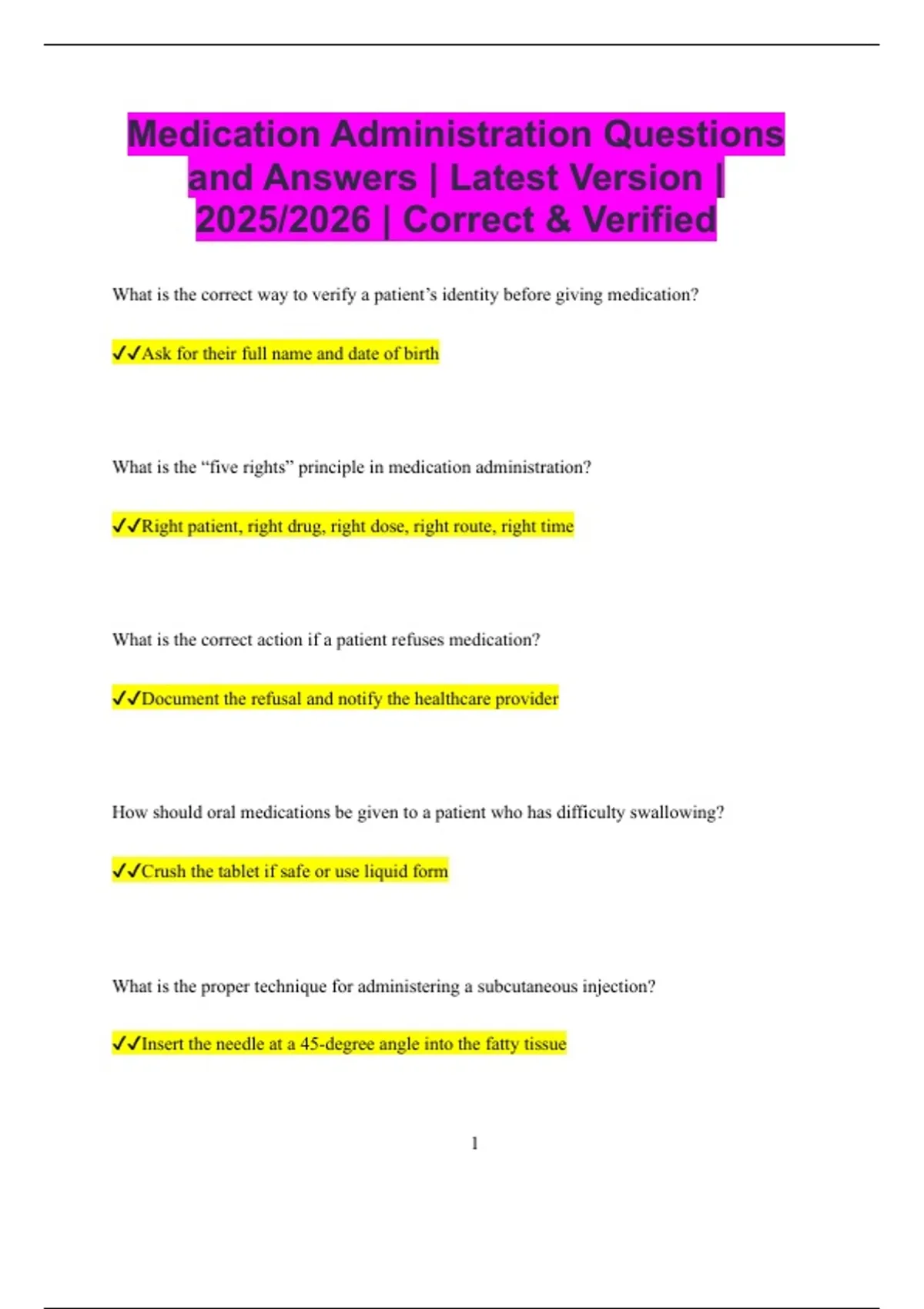 Medication Administration Questions and Answers | Latest Version | 2025 ...