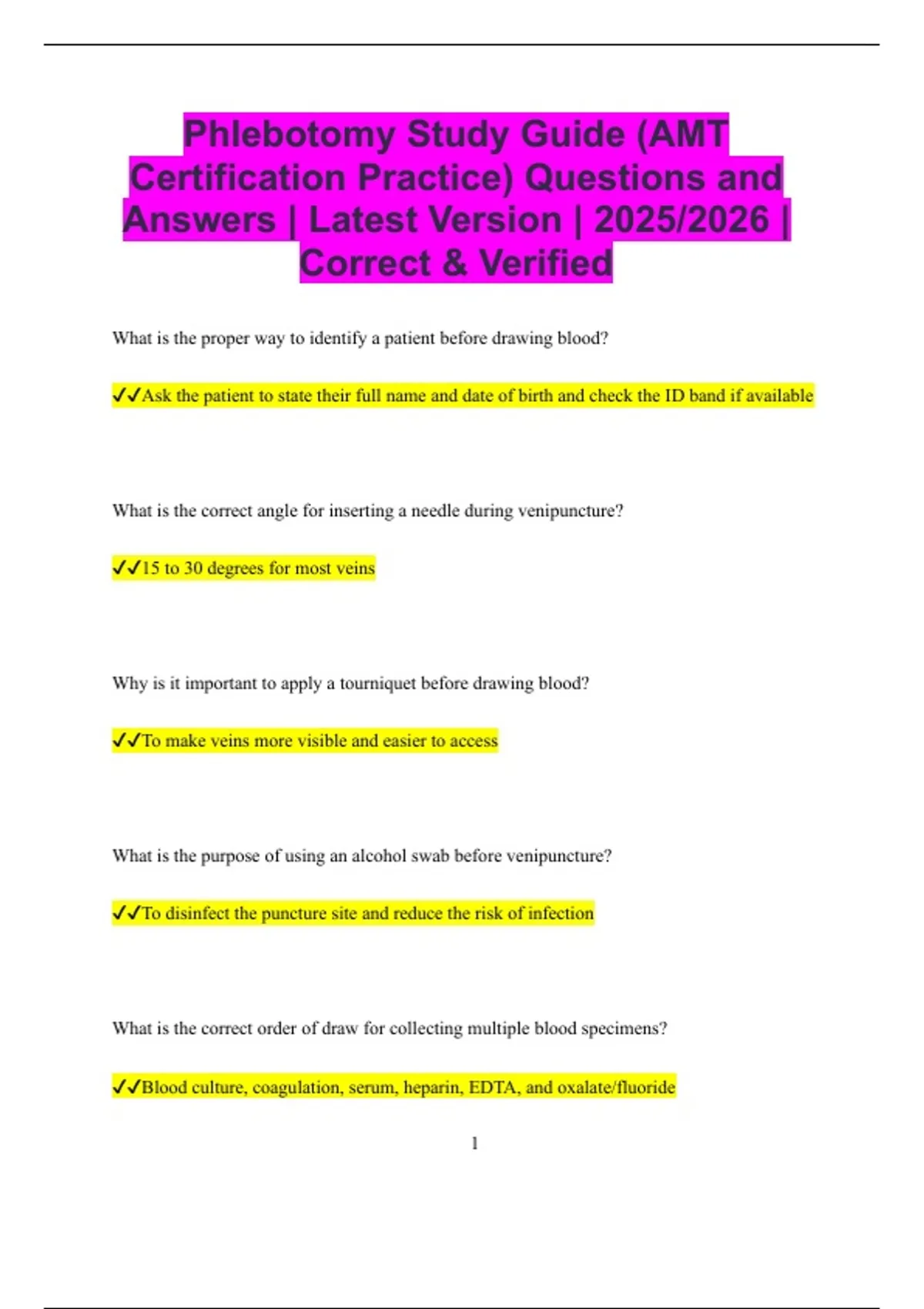 Phlebotomy Study Guide (AMT Certification Practice) Questions and ...
