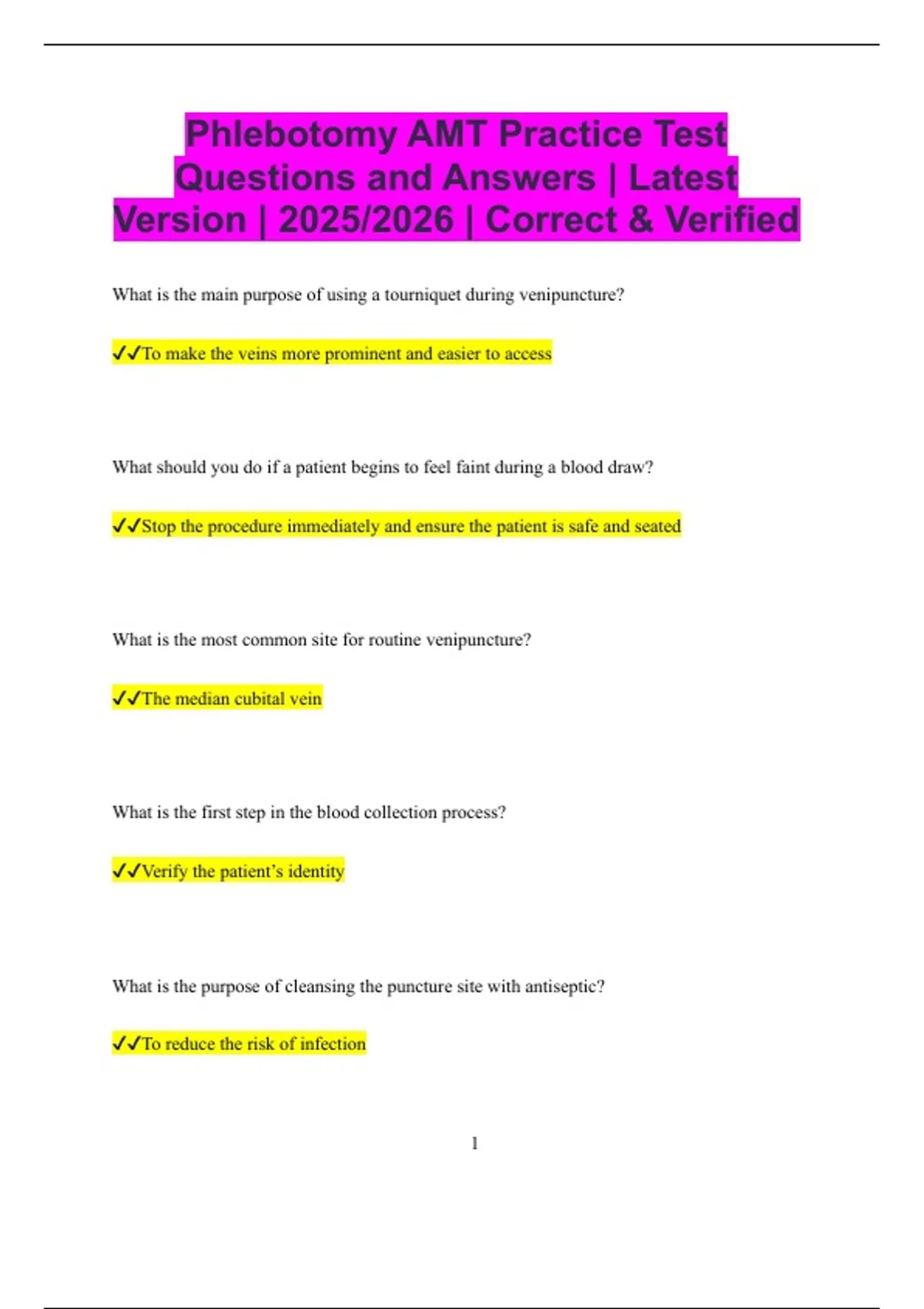 Phlebotomy AMT Practice Test Questions and Answers | Latest Version ...