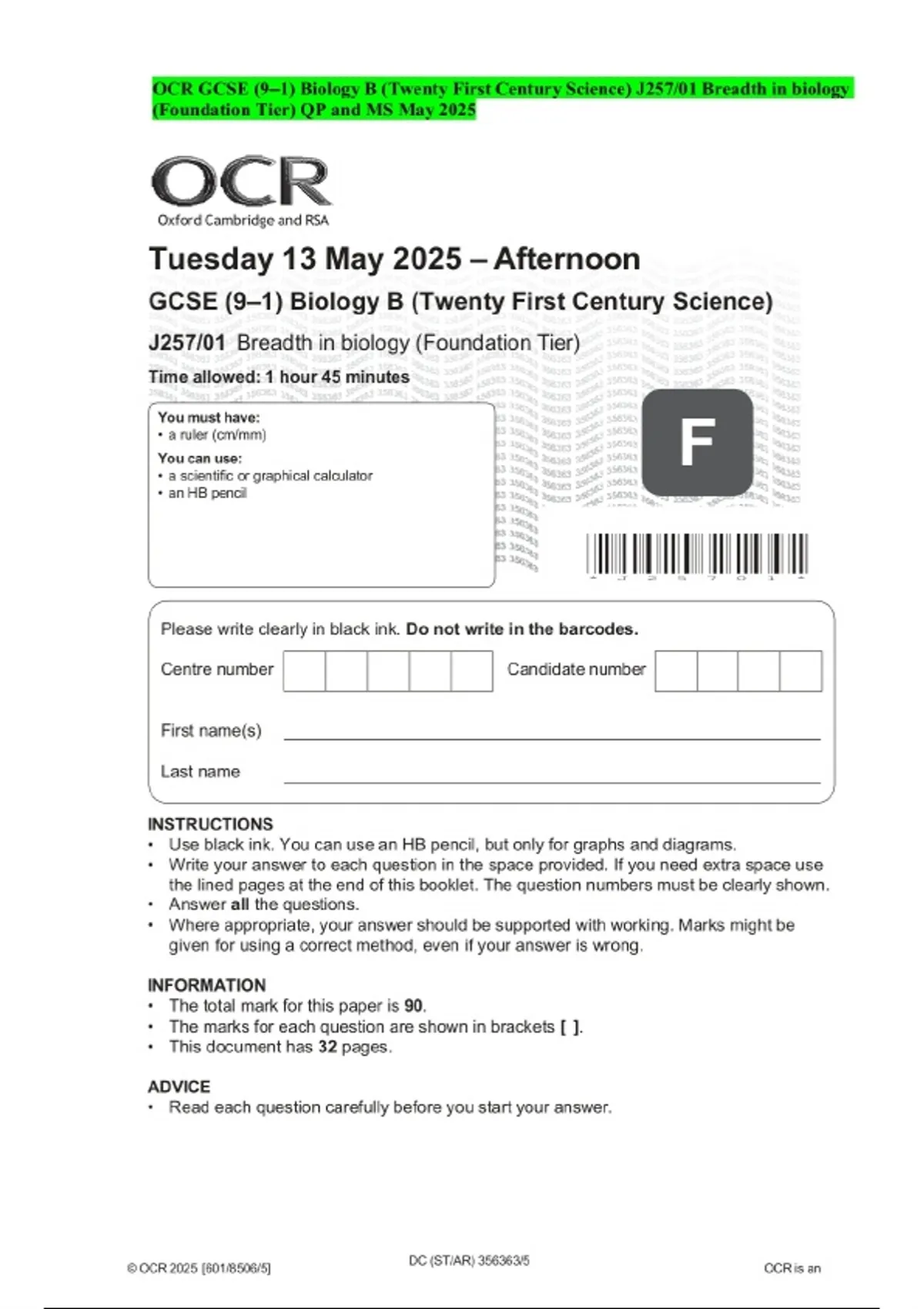 OCR GCSE (9–1) Biology B (Twenty First Century Science) J257/01 Breadth ...