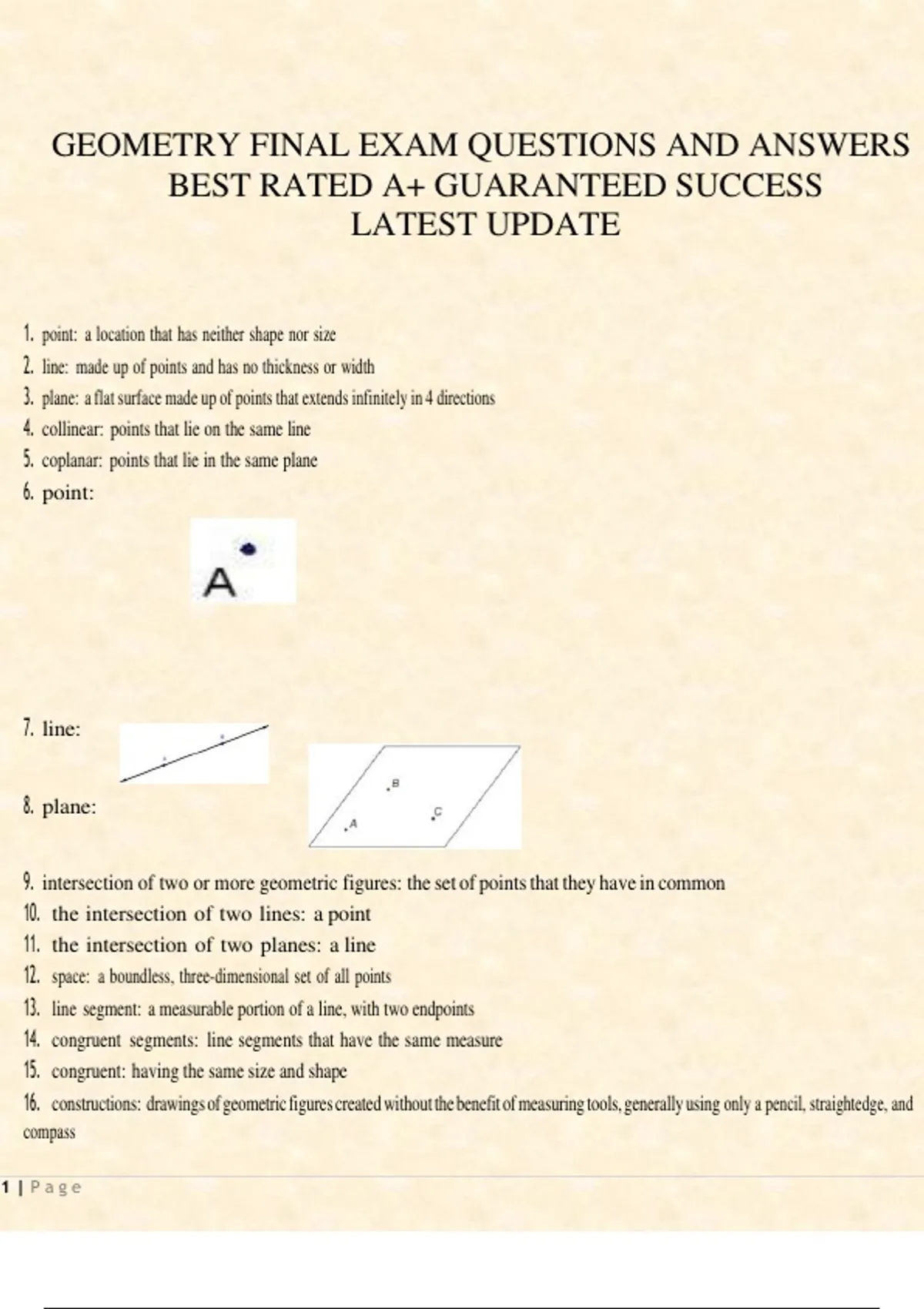 GEOMETRY FINAL EXAM QUESTIONS AND ANSWERS BEST RATED A+ GUARANTEED ...