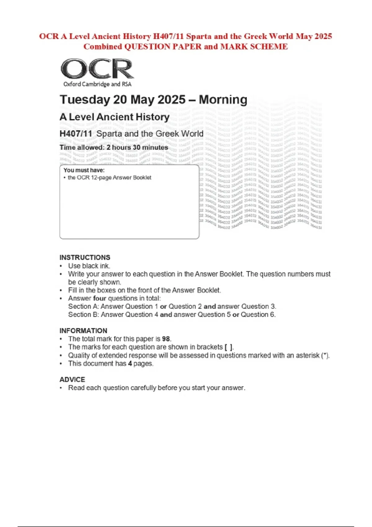 OCR A Level Ancient History H407/11 Sparta and the Greek World May 2025 ...