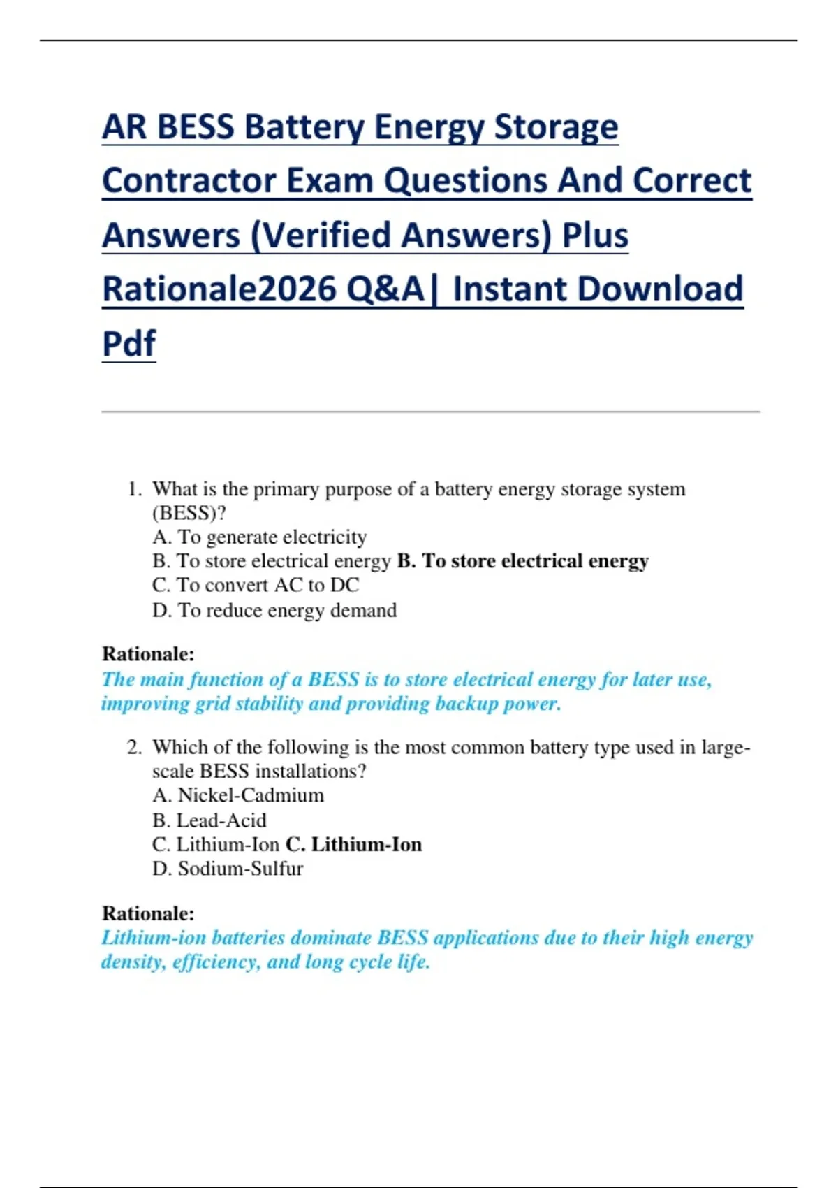 AR BESS Battery Energy Storage Contractor Exam Questions And Correct ...