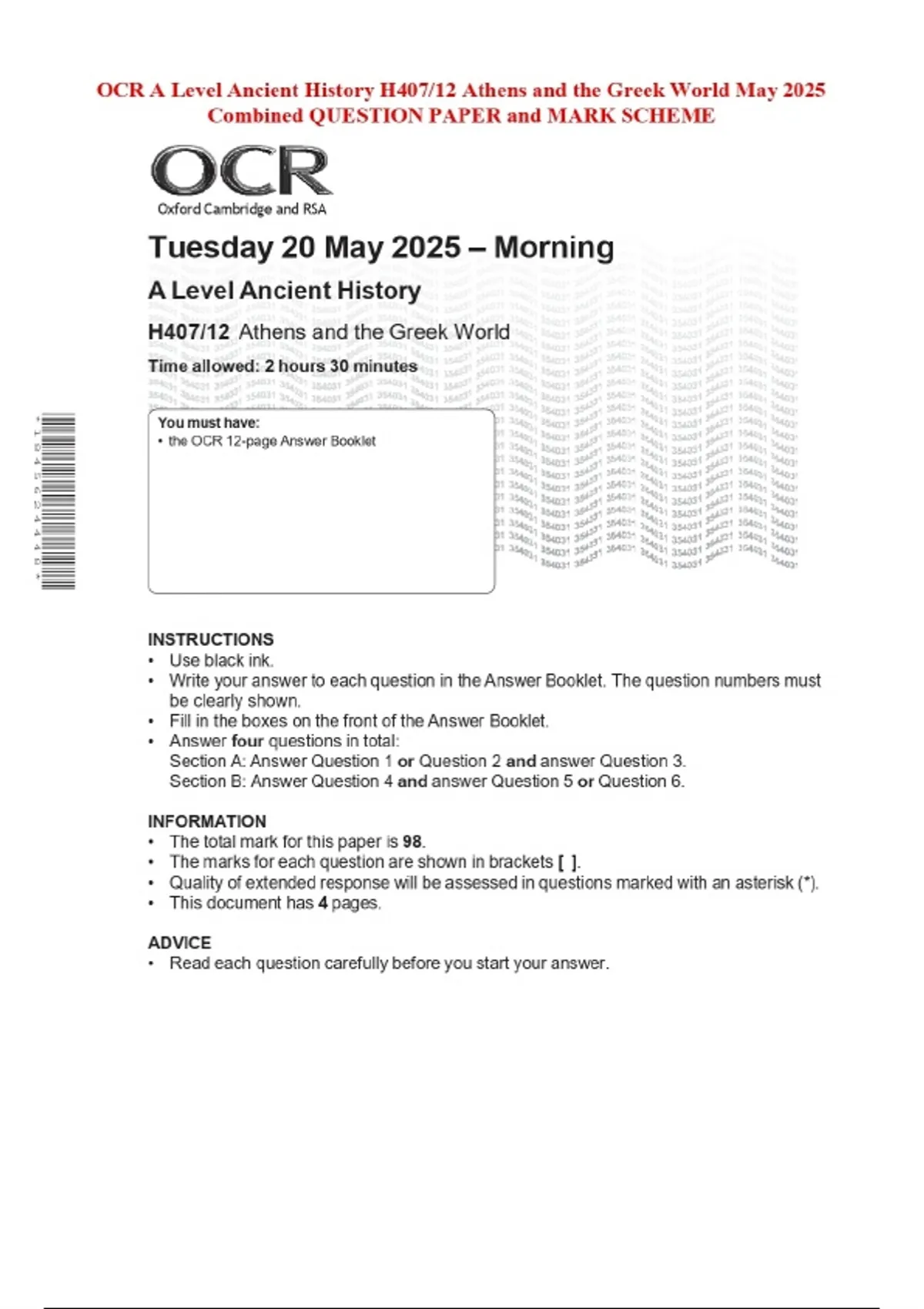 OCR A Level Ancient History H407/12 Athens and the Greek World May 2025 ...