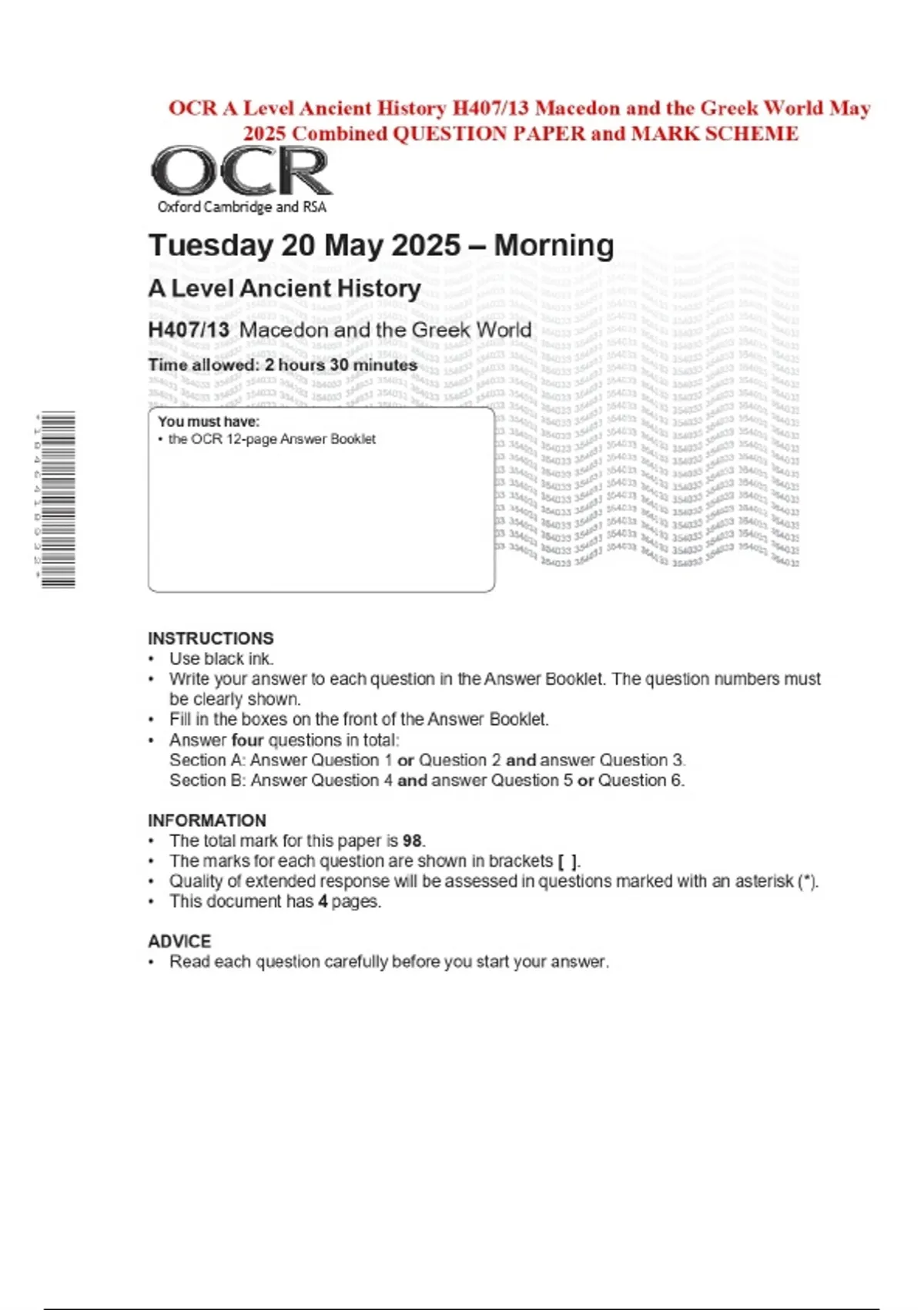 OCR A Level Ancient History H407/13 Macedon and the Greek World May ...