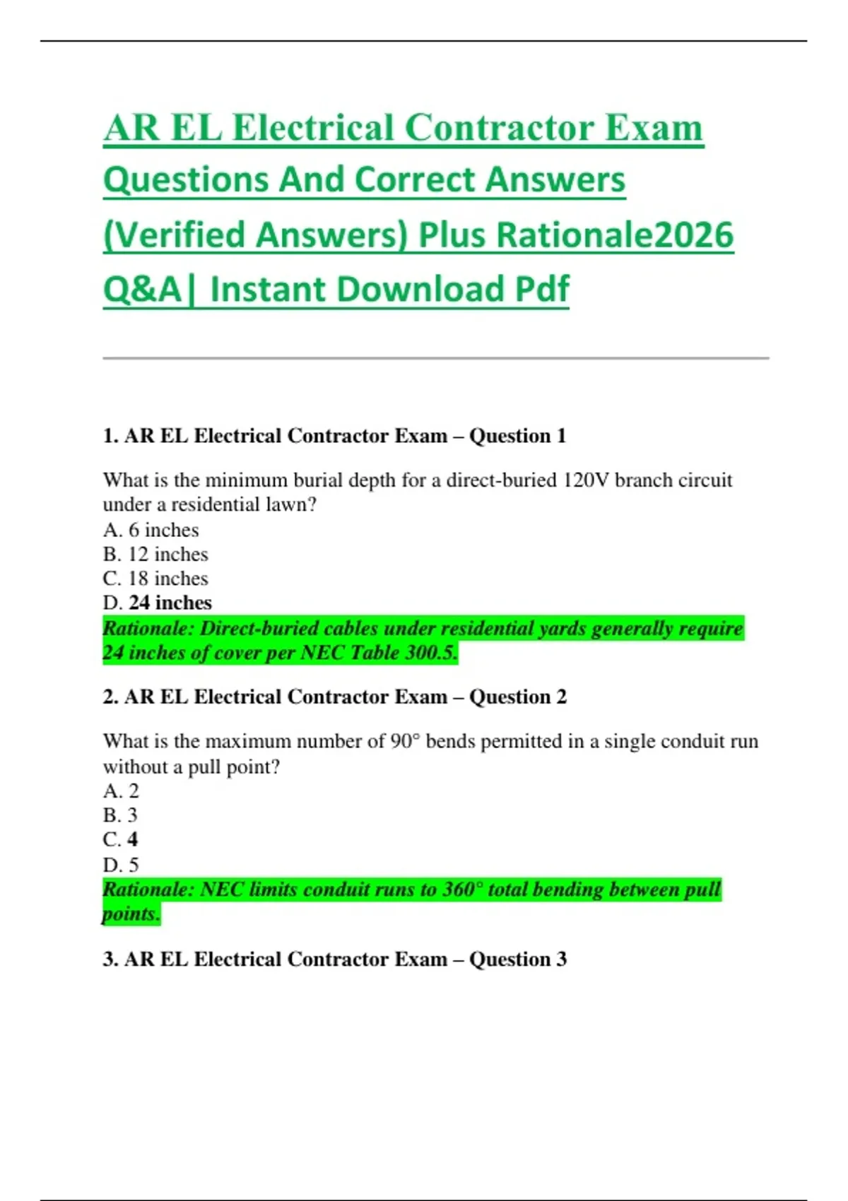 AR EL Electrical Contractor Exam Questions And Correct Answers ...