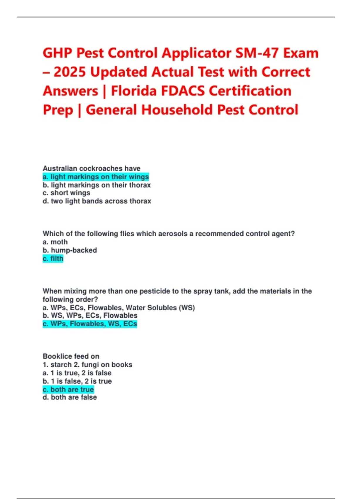 GHP Pest Control Applicator SM-47 Exam – 2025 Updated Actual Test with ...