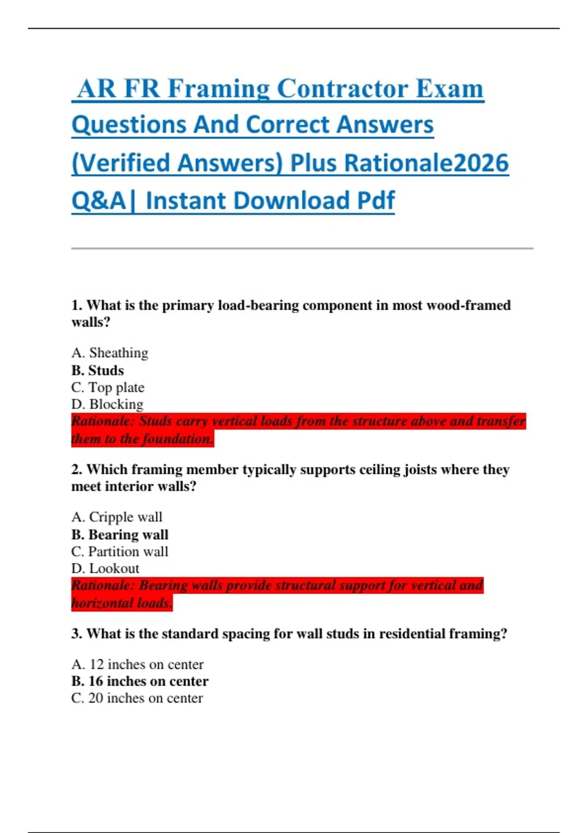 AR FR Framing Contractor Exam Questions And Correct Answers (Verified ...