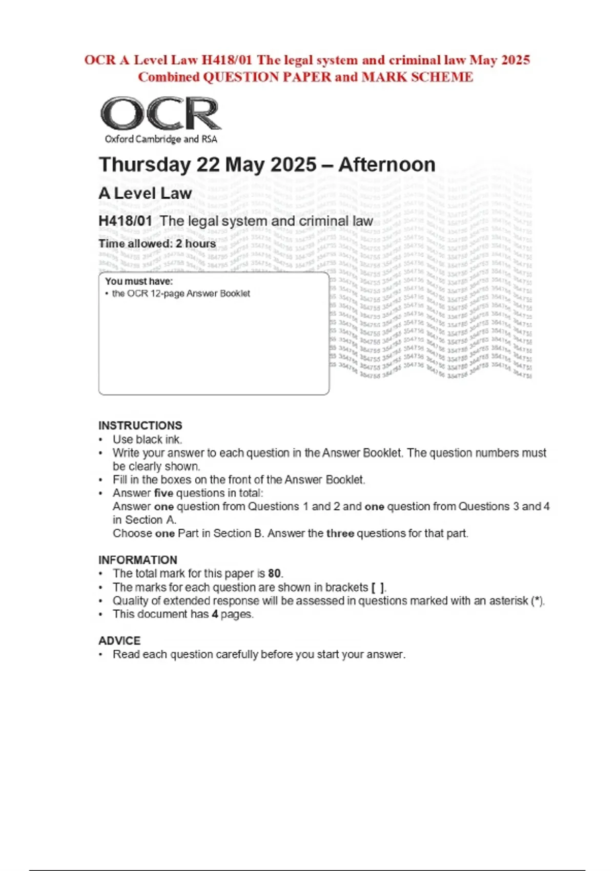 OCR A Level Law H418/01 The legal system and criminal law May 2025 ...