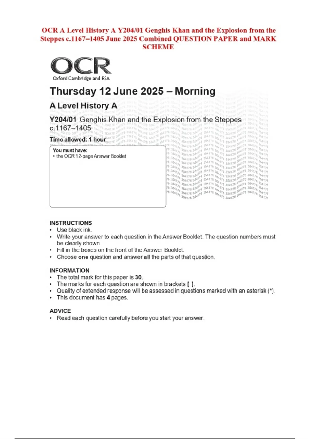 OCR A Level History A Y204/01 Genghis Khan and the Explosion from the ...