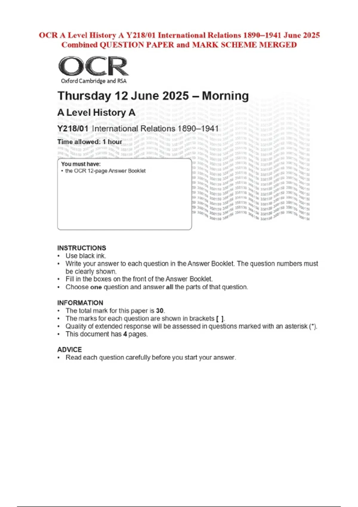 OCR A Level History A Y218/01 International Relations 1890–1941 June ...