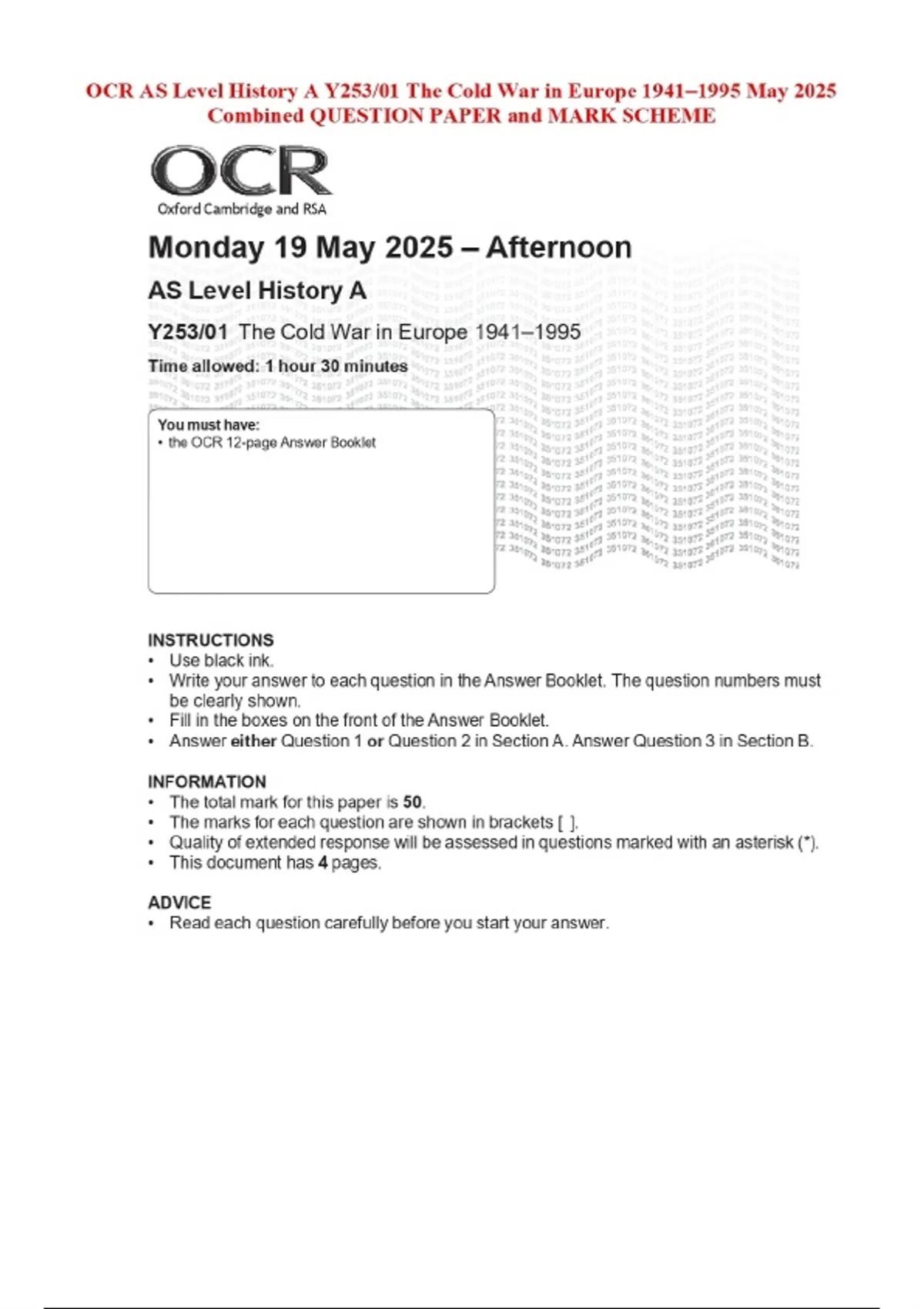 OCR AS Level History A Y253/01 The Cold War in Europe 1941–1995 May ...