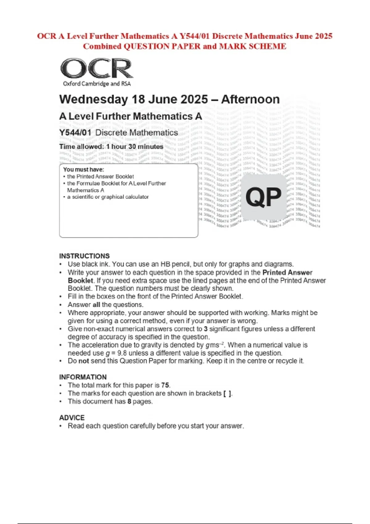 OCR A Level Further Mathematics A Y544/01 Discrete Mathematics June ...