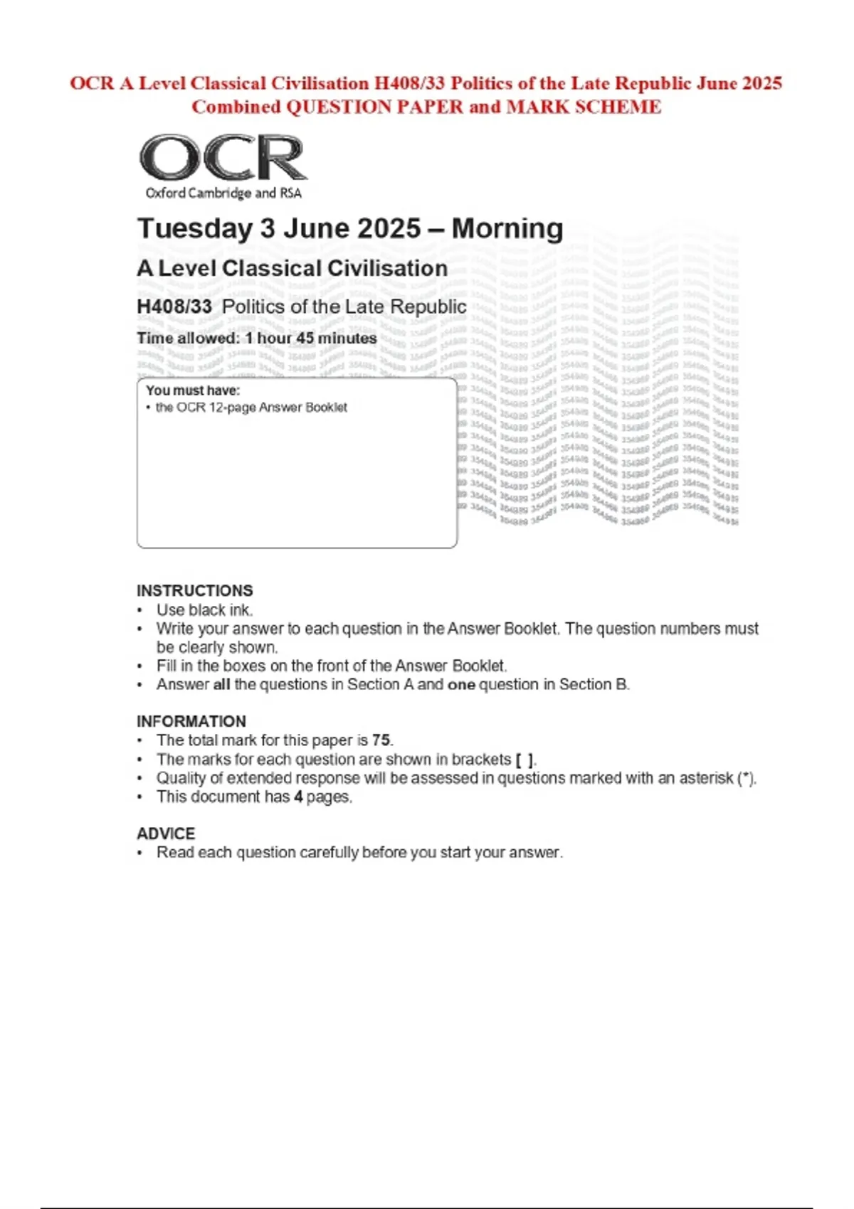 OCR A Level Classical Civilisation H408/33 Politics of the Late ...