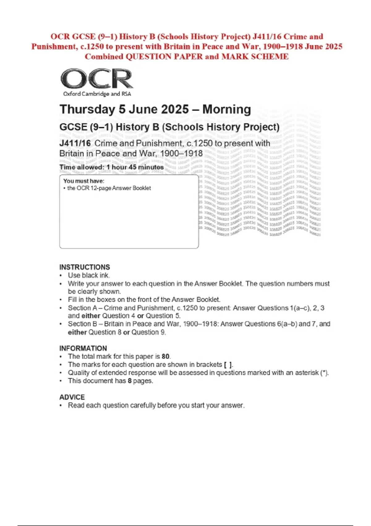 OCR GCSE (9–1) History B (Schools History Project) J411/16 Crime and ...