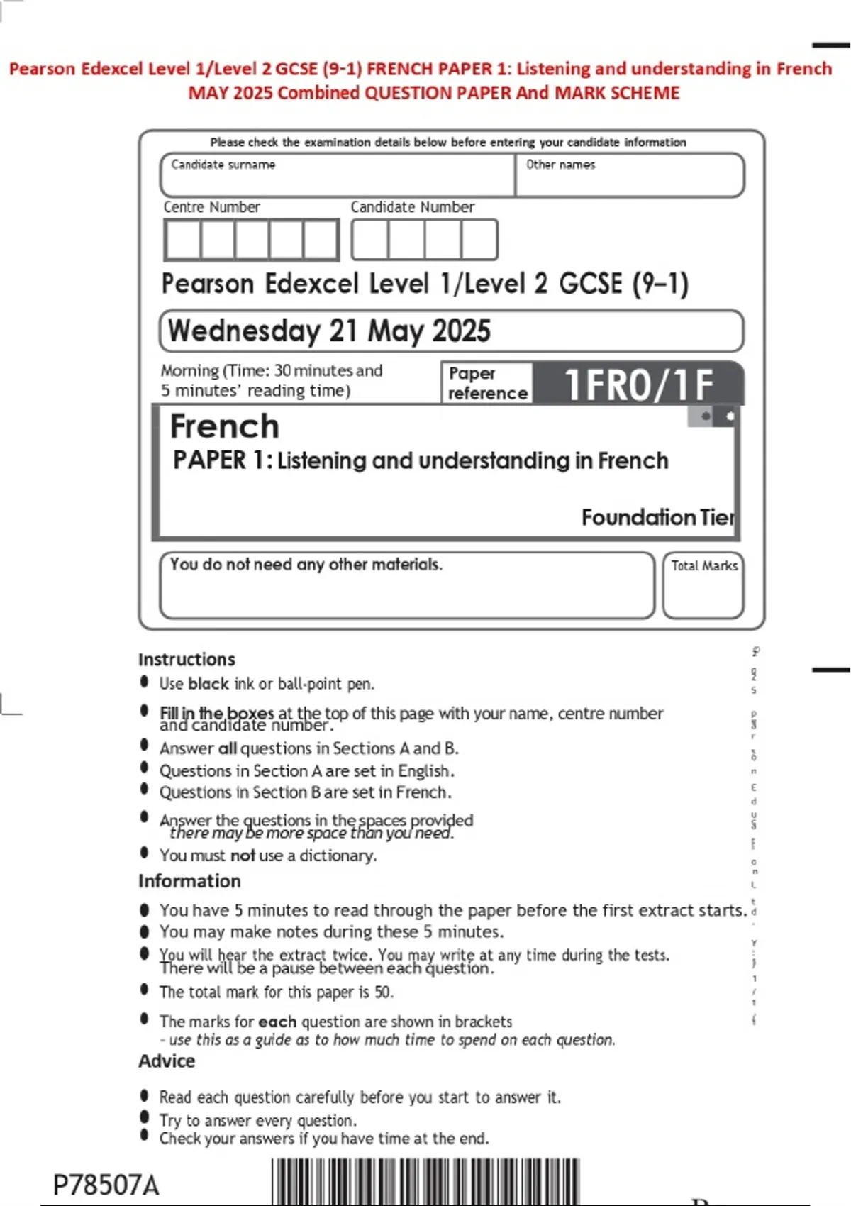 Pearson Edexcel Level 1/Level 2 GCSE (9–1) FRENCH PAPER 1: Listening ...