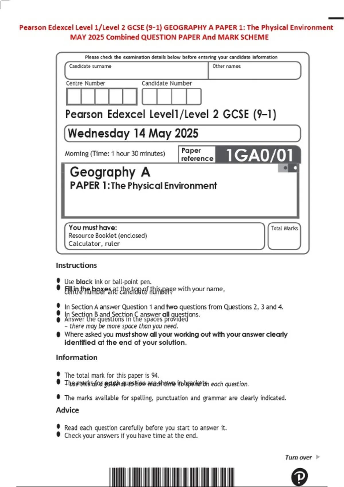Pearson Edexcel Level 1/Level 2 GCSE (9–1) GEOGRAPHY A PAPER 1: The ...
