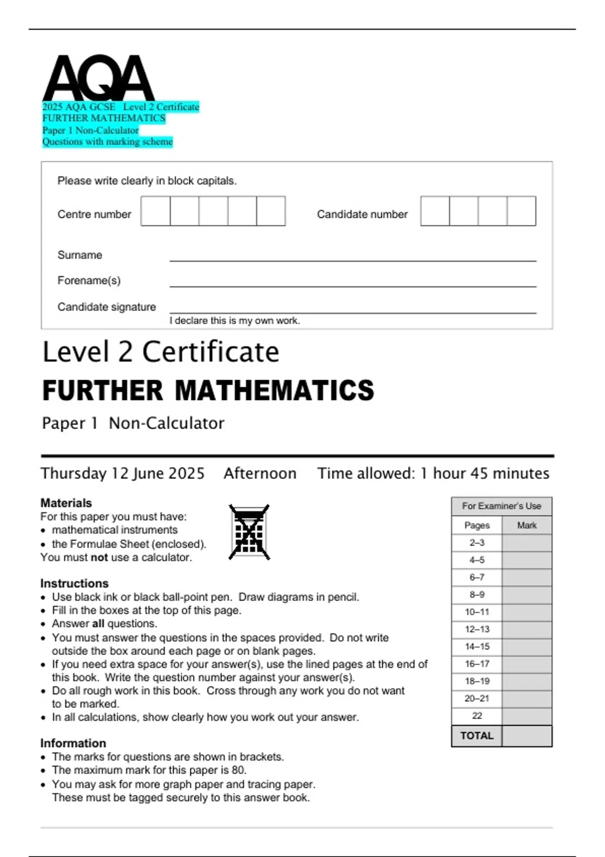 2025 AQA GCSE Level 2 Certificate FURTHER MATHEMATICS Paper 1 Non ...
