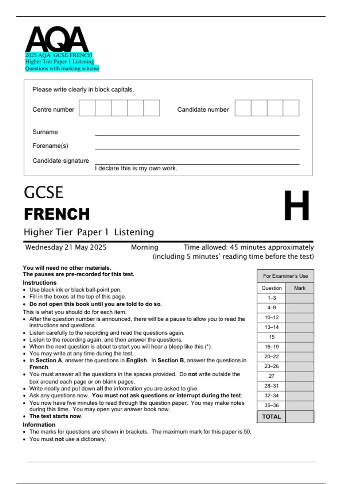 2025 AQA GCSE FRENCH Higher Tier Paper 1 Listening Questions with ...