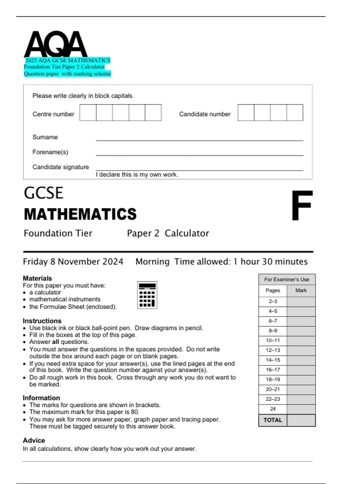 2025 AQA GCSE MATHEMATICS Foundation Tier Paper 2 Calculator Question ...