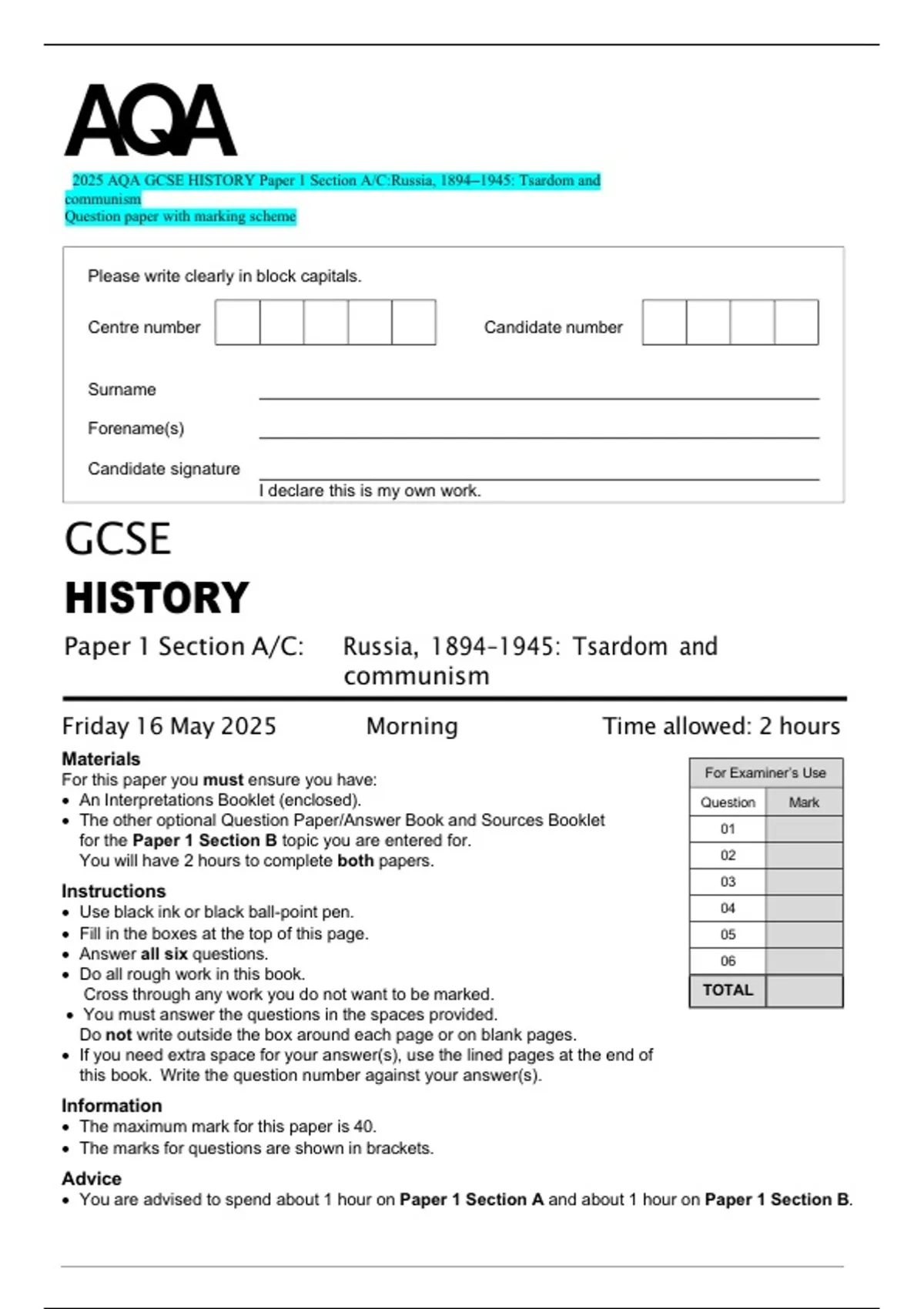 2025 AQA GCSE HISTORY Paper 1 Section A/C:Russia, 1894–1945: Tsardom ...