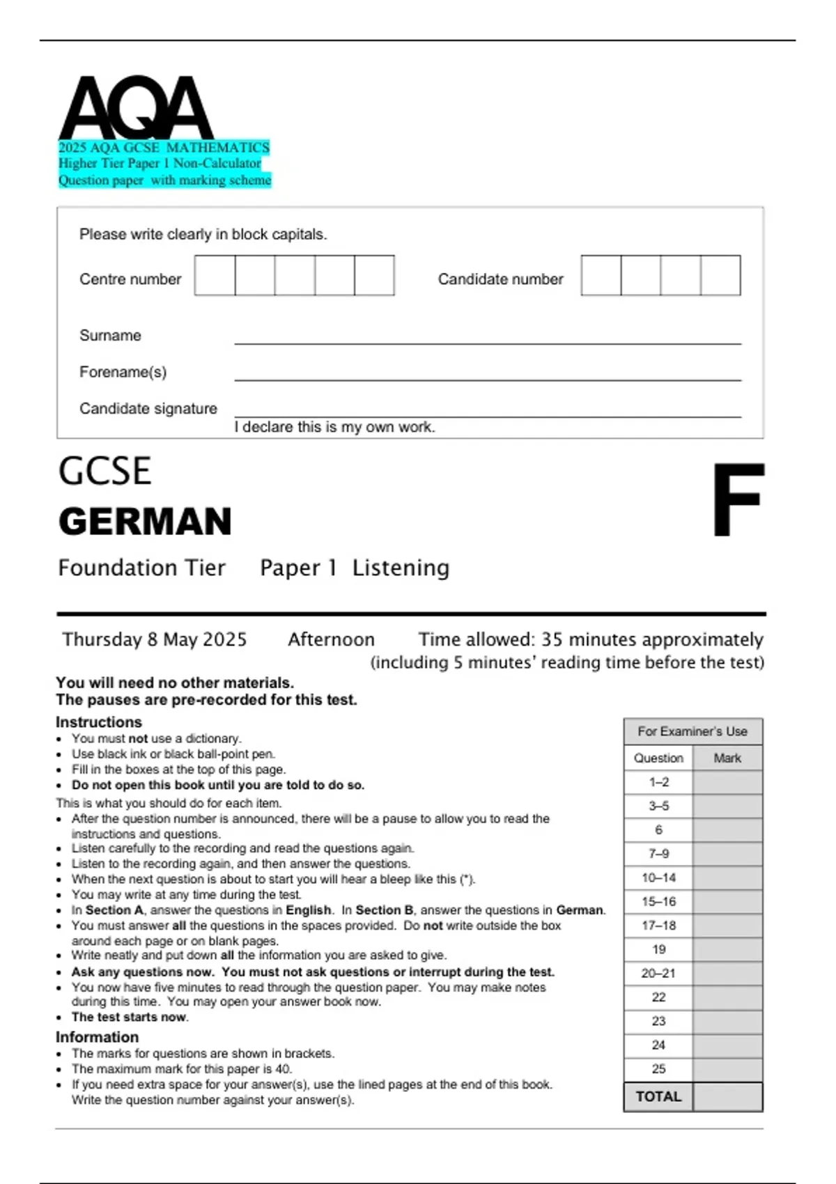 2025 AQA GCSE GERMAN Foundation Tier Paper 1 Listening question paper ...