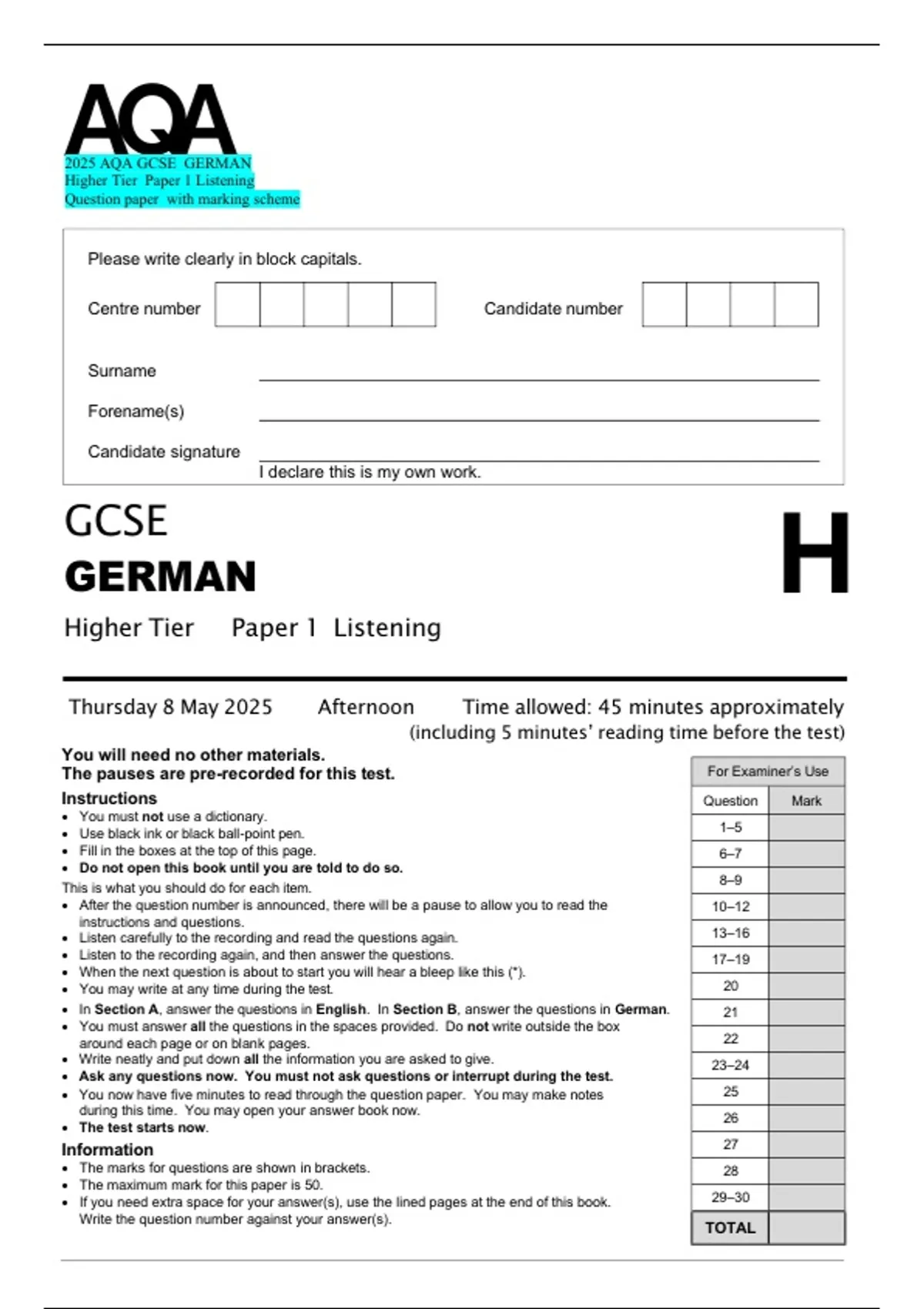 2025 AQA GCSE GERMAN Higher Tier Paper 1 Listening Question paper with ...