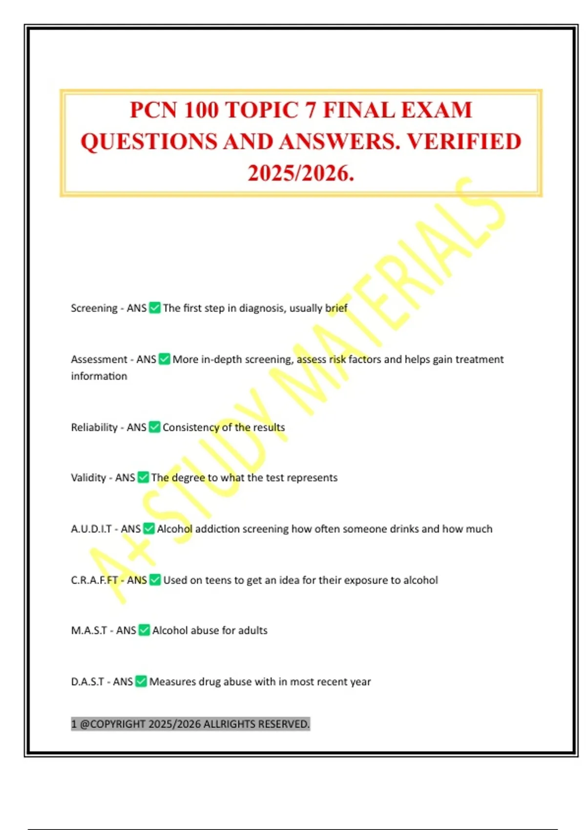 PCN 100 TOPIC 7 FINAL EXAM QUESTIONS AND ANSWERS. VERIFIED 2025/2026 ...