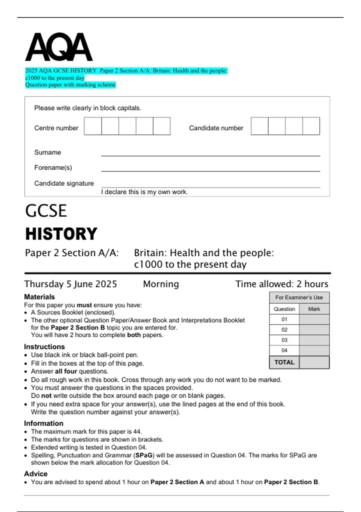 2025 AQA GCSE HISTORY Paper 2 Section A/A: Britain: Health and the ...