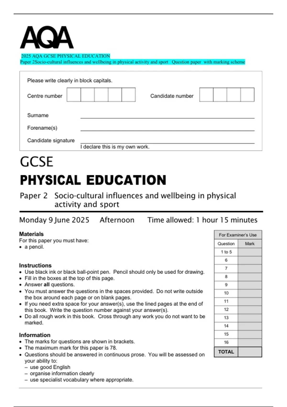 2025 AQA GCSE PHYSICAL EDUCATION Paper 2Socio-cultural influences and ...