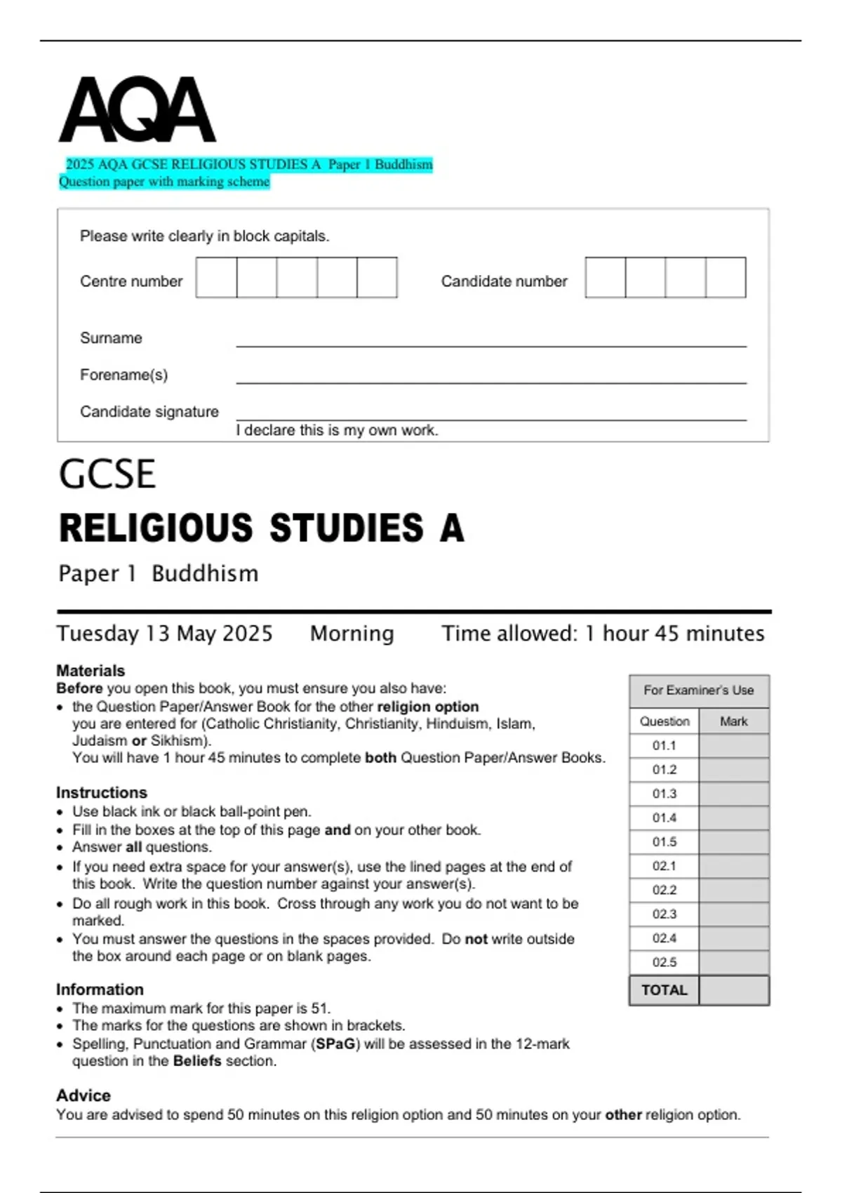 2025 AQA GCSE RELIGIOUS STUDIES A Paper 1 Buddhism Question paper with ...
