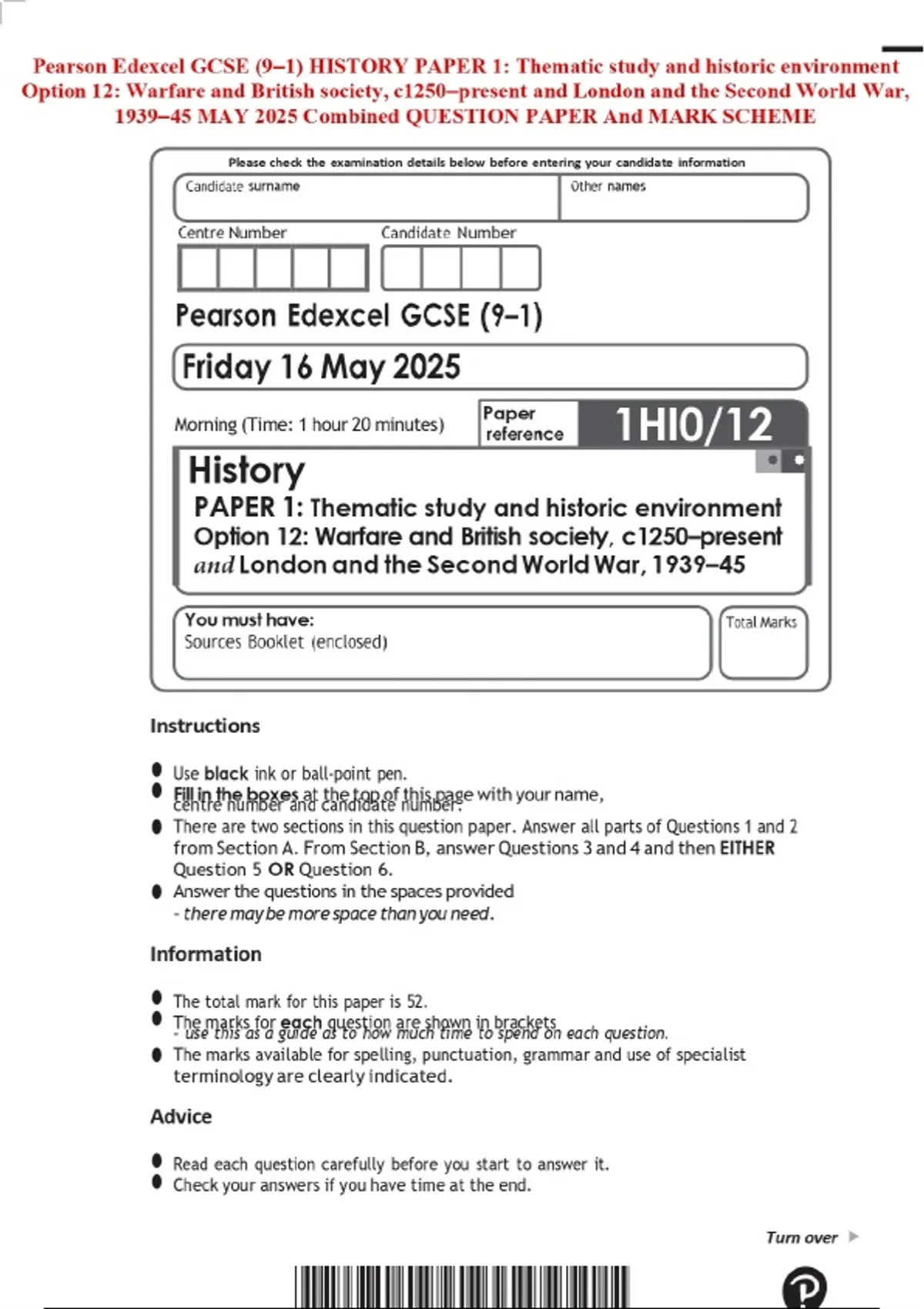 Pearson Edexcel GCSE (9–1) HISTORY PAPER 1: Thematic study and historic ...