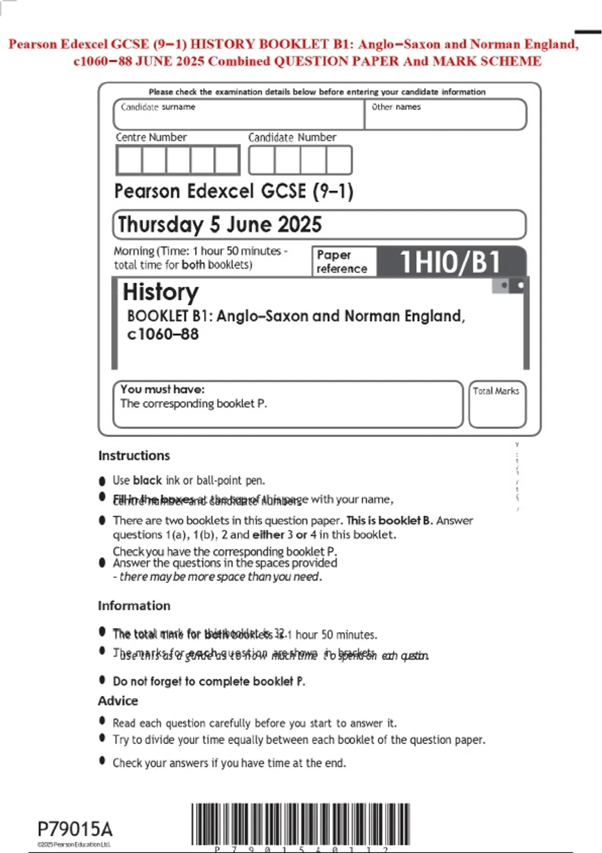 Pearson Edexcel GCSE (9–1) HISTORY BOOKLET B1: Anglo–Saxon and Norman ...