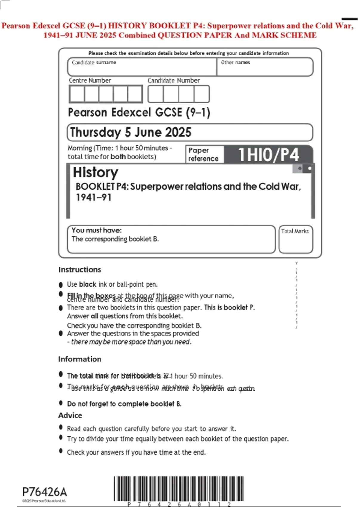 Pearson Edexcel GCSE (9–1) HISTORY BOOKLET P4: Superpower relations and ...