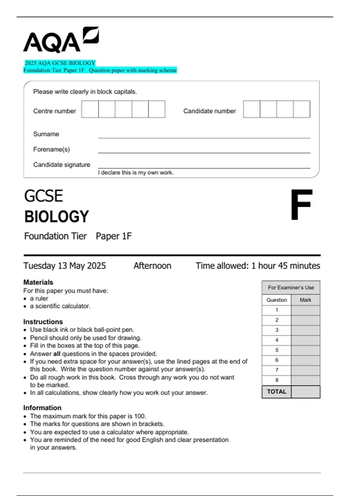 2025 AQA GCSE BIOLOGY Foundation Tier Paper 1F Question paper with ...