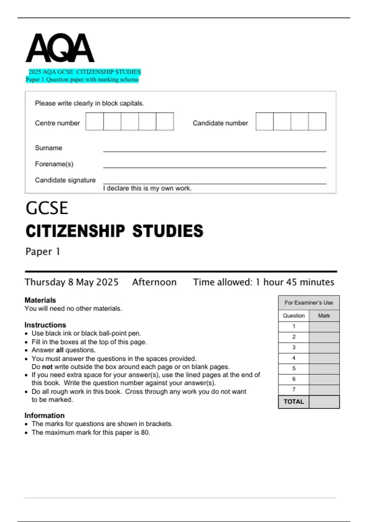 2025 AQA GCSE CITIZENSHIP STUDIES Paper 1 Question paper with marking ...