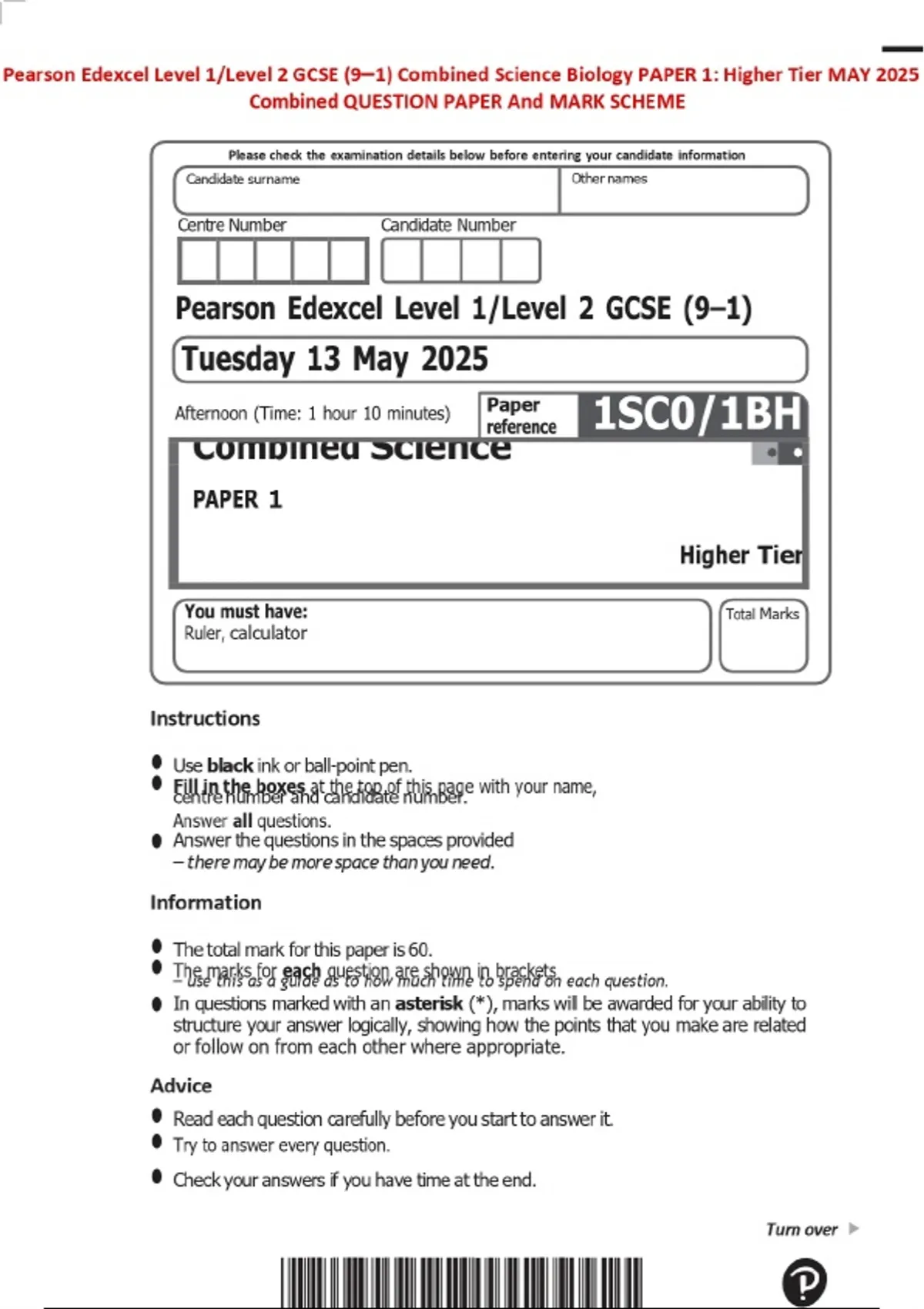 Pearson Edexcel Level 1/Level 2 GCSE (9–1) Combined Science Biology ...