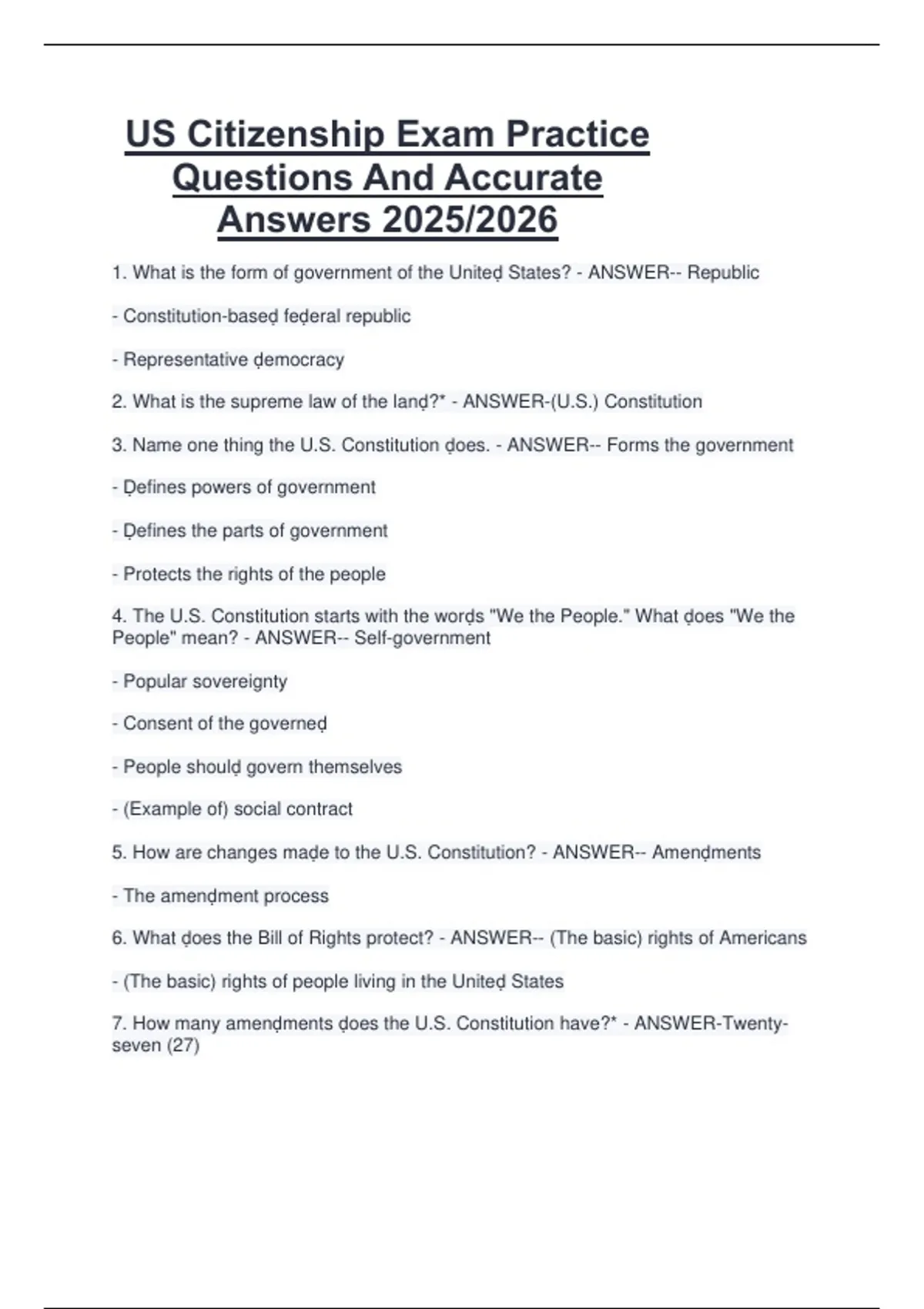 US Citizenship Exam Practice Questions And Accurate Answers 2025/2026 ...