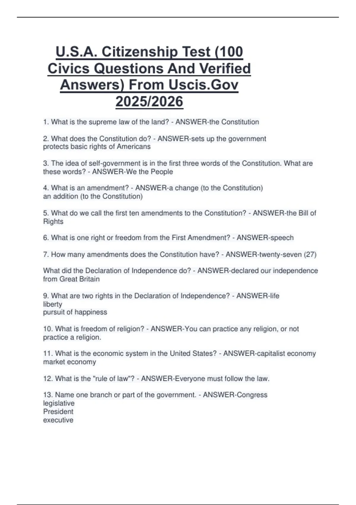 U.S.A. Citizenship Test (100 Civics Questions And Verified Answers ...