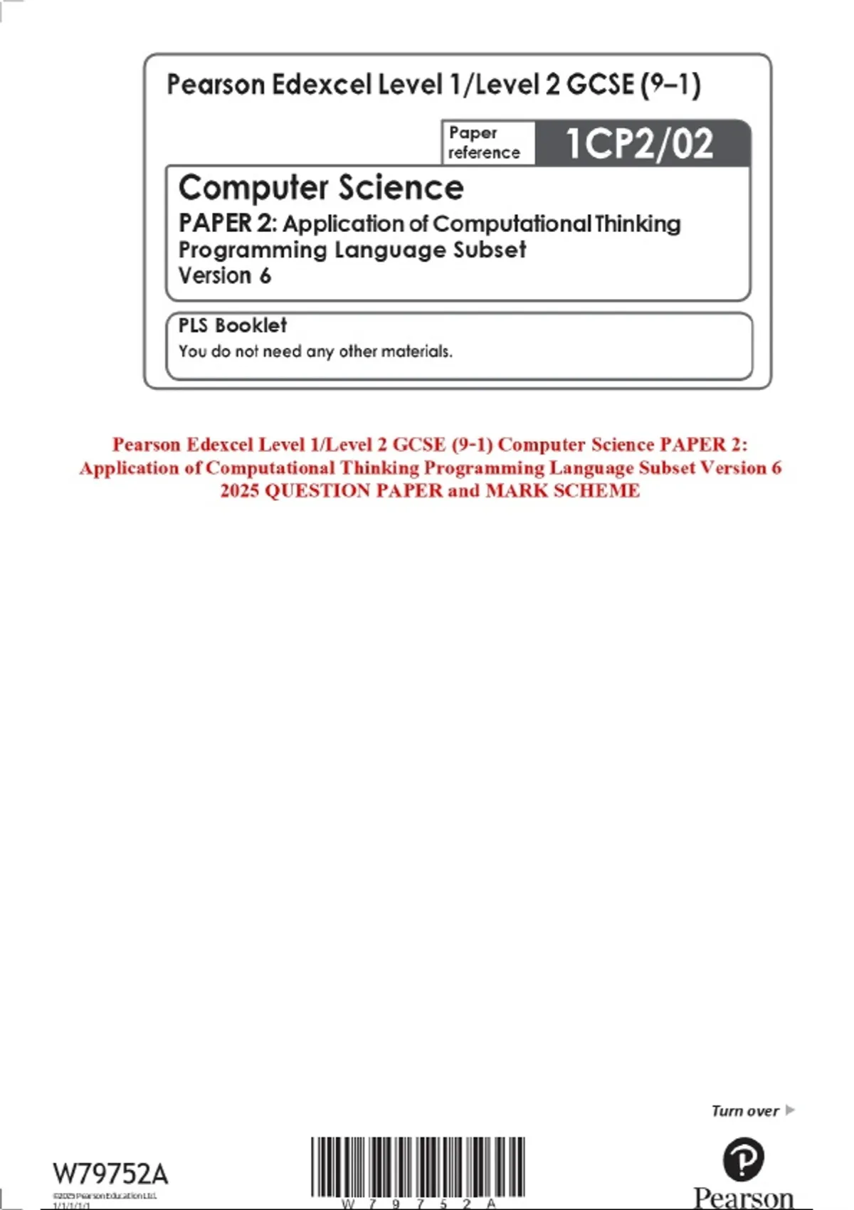 Pearson Edexcel Level 1/Level 2 GCSE (9–1) Computer Science PAPER 2 ...