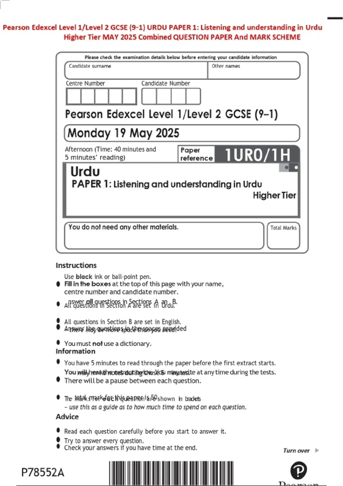 Pearson Edexcel Level 1/Level 2 GCSE (9–1) URDU PAPER 1: Listening and ...