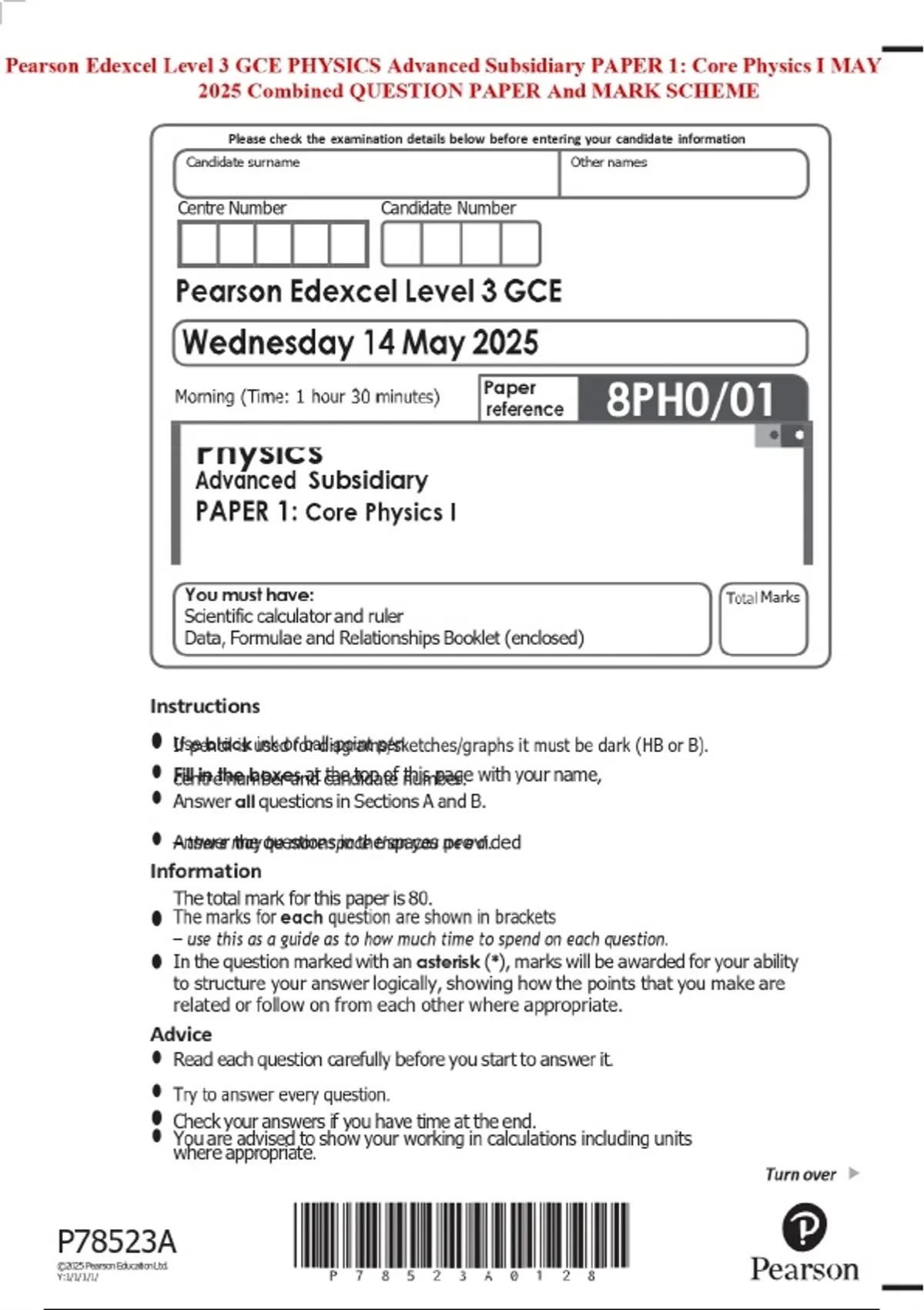 Pearson Edexcel Level 3 GCE PHYSICS Advanced Subsidiary PAPER 1: Core ...
