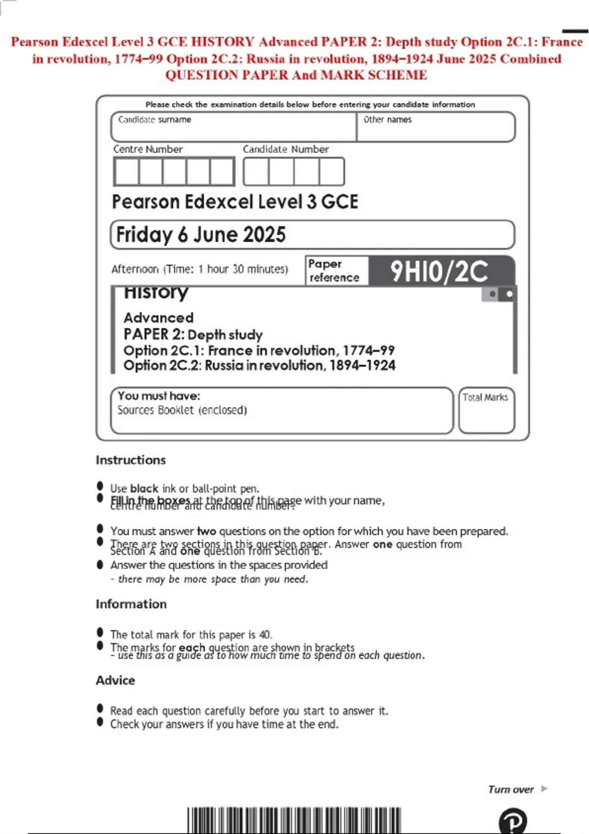 Pearson Edexcel Level 3 GCE HISTORY Advanced PAPER 2: Depth study ...